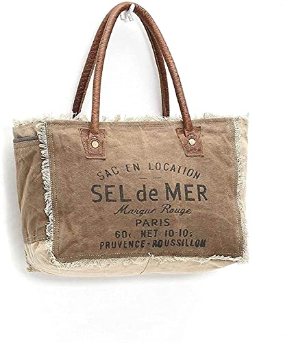 NATURALS EXPORT OAG Upcycle Canvas Bag, Handmade Bag With Leather, Tote Shoulder Handbag for Women, Brown