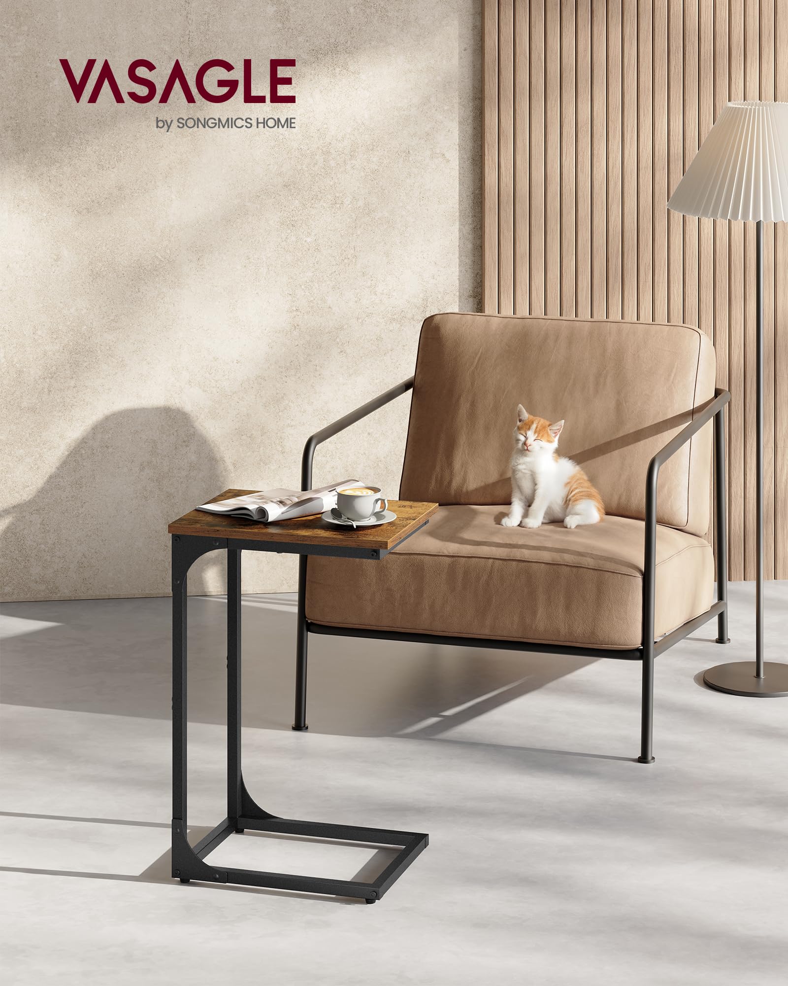 VASAGLE Small Side Table, C Shaped End Table for Sofa and Bed, TV Tray Table with Metal Frame for Couch, Living Room, Bedroom, Rustic Brown and Black