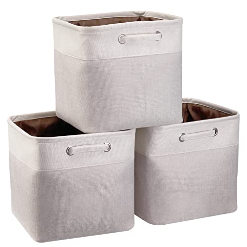 Fabric Cube Storage Boxes Foldable Storage Bins Silver Khaki and Beige Patchwork Storage Baskets Cube Storage Bins with Handle Cubes Inserts Storage for Home and Office Supplies 13x13x13 cube organizer bin 3 Pcs/Pack