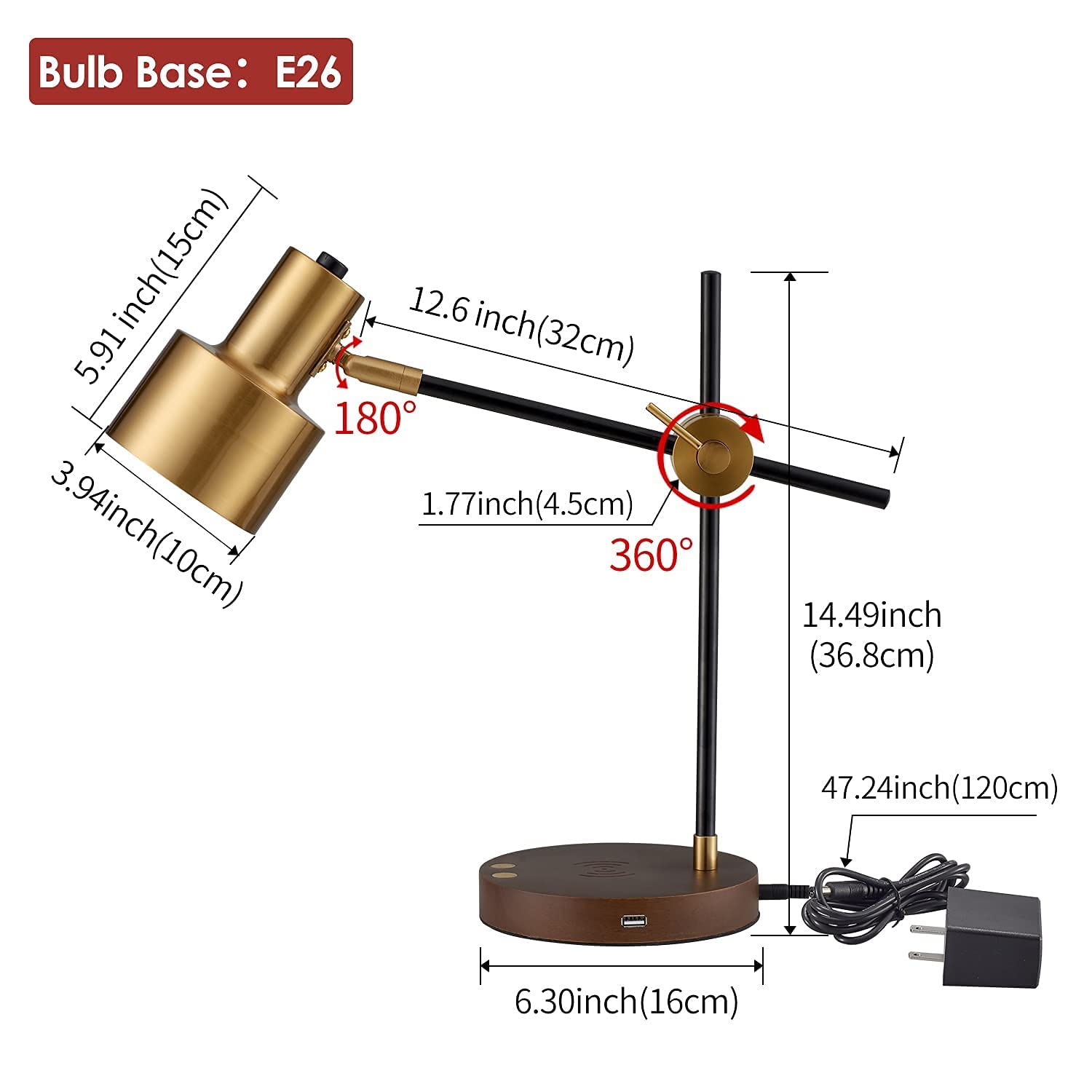 Yeefamons Desk Lamp with Wireless Charg and USB Port, Swing Arm,Brass Metal,Wood Bedside Nightstand Lights, Mid Century Modern Reading Lamp for Bedroom, Living Room, Office(5Watts Bulb Included)