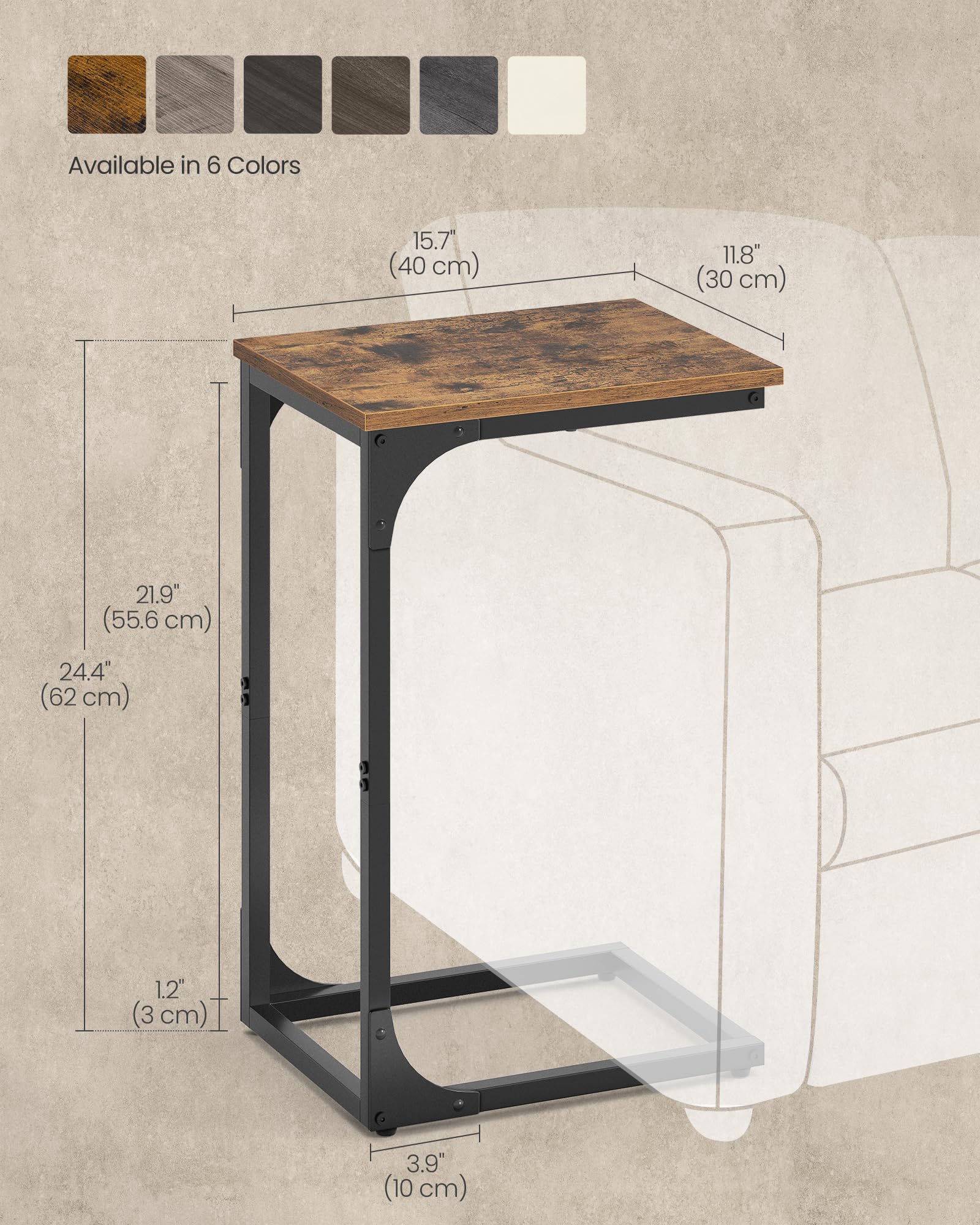VASAGLE Small Side Table, C Shaped End Table for Sofa and Bed, TV Tray Table with Metal Frame for Couch, Living Room, Bedroom, Rustic Brown and Black
