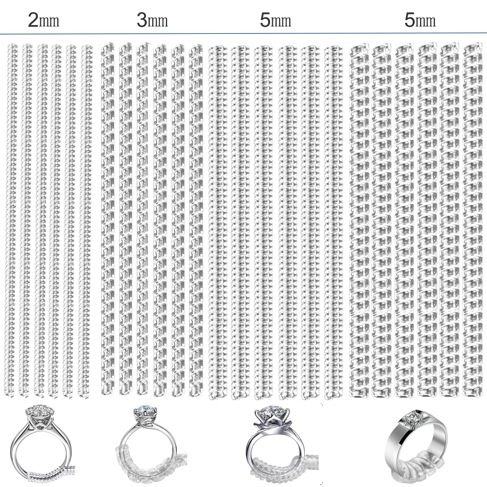 Ring Size Adjuster for Loose Rings - Invisible Spiral Transparent Silicone Ring Guard Clip Jewelry Tightener Resizer Set for Making Jewelry Fitter, Sizer, Guard, Spacer (8 Pack, 4 Sizes )