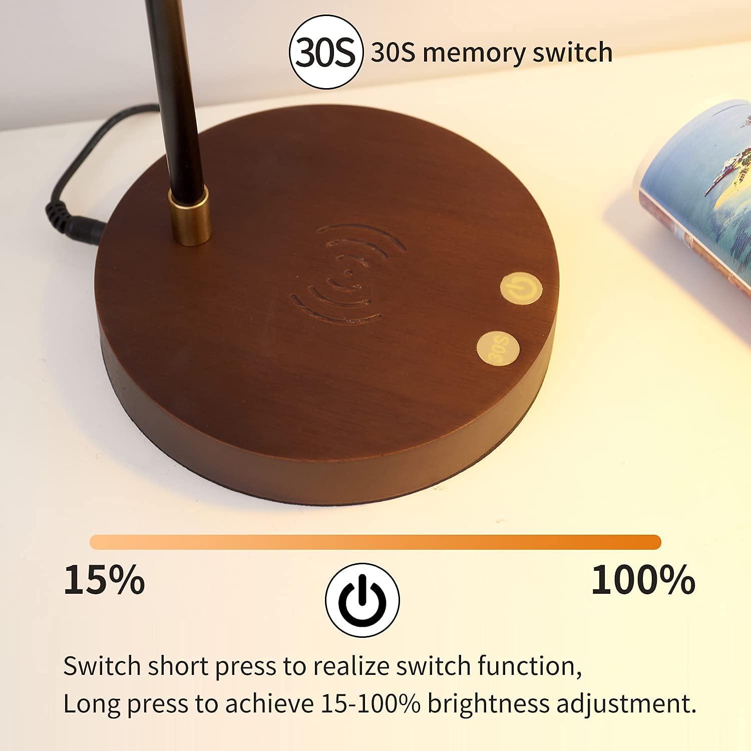 Yeefamons Desk Lamp with Wireless Charg and USB Port, Swing Arm,Brass Metal,Wood Bedside Nightstand Lights, Mid Century Modern Reading Lamp for Bedroom, Living Room, Office(5Watts Bulb Included)