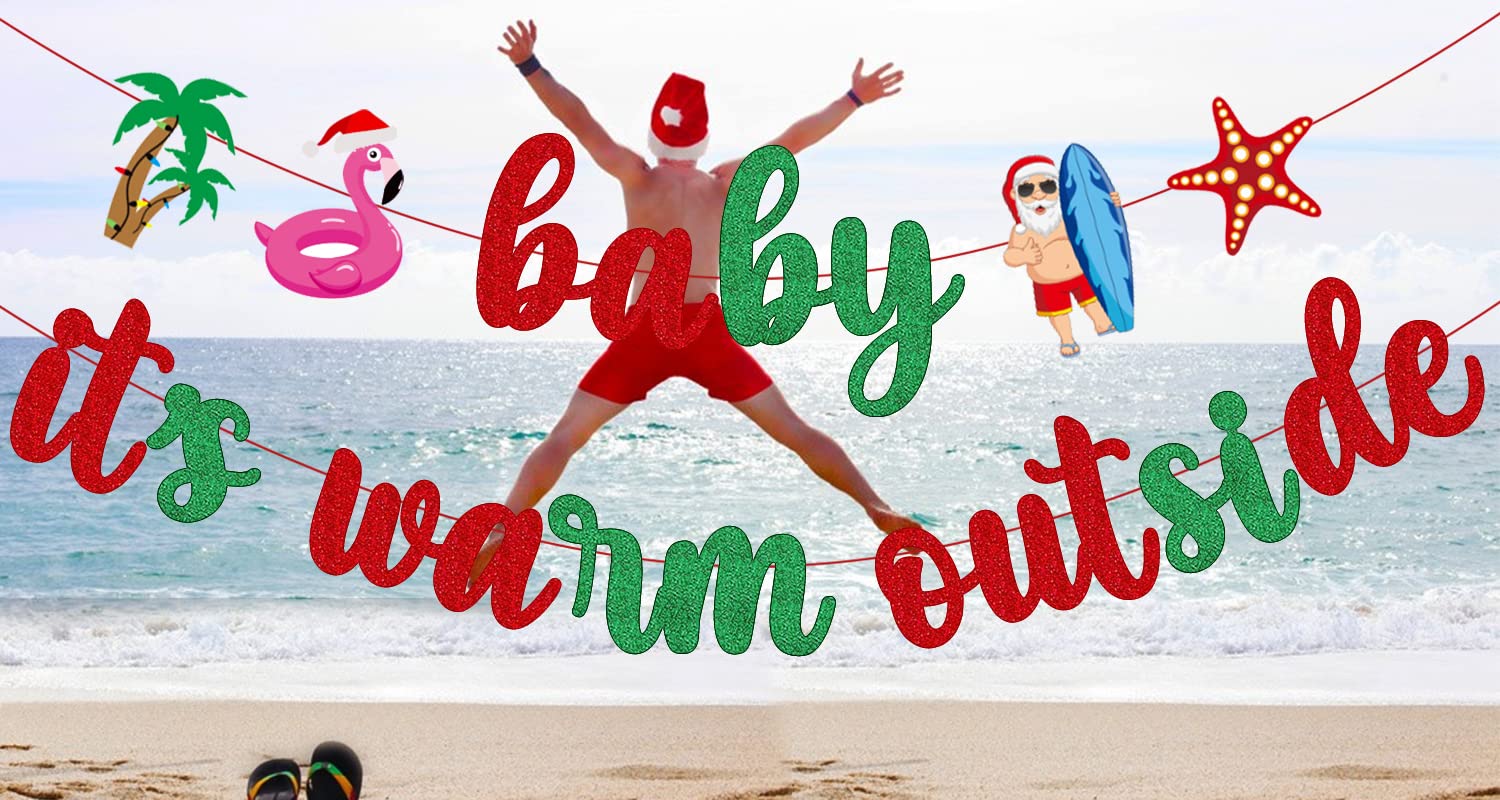 July Christmas Party Decorations, Baby Its Warm Outside Banner,Hawaii Mele Kalikimaka Christmas Decorations, Tropical Summer Christmas Banner Decorations