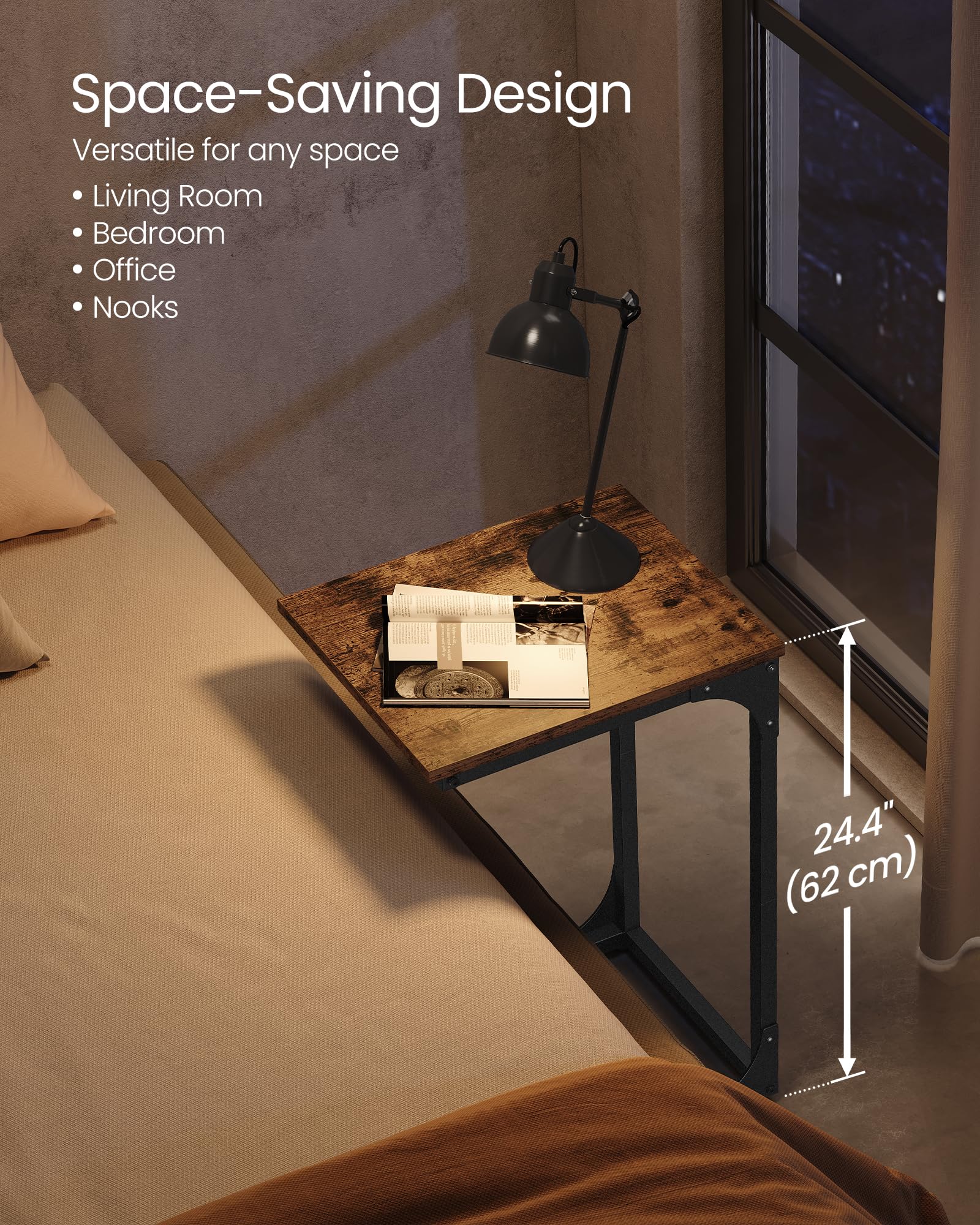 VASAGLE Small Side Table, C Shaped End Table for Sofa and Bed, TV Tray Table with Metal Frame for Couch, Living Room, Bedroom, Rustic Brown and Black