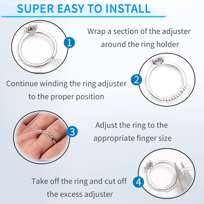 Ring Size Adjuster for Loose Rings - Invisible Spiral Transparent Silicone Ring Guard Clip Jewelry Tightener Resizer Set for Making Jewelry Fitter, Sizer, Guard, Spacer (8 Pack, 4 Sizes )