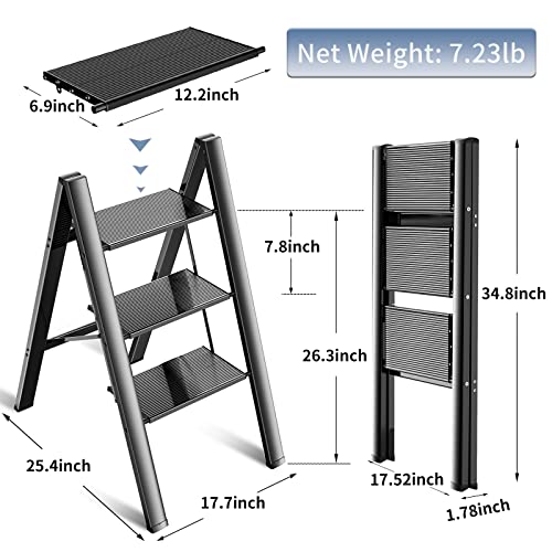 3 Step Ladder Folding Ladder Stool Portable Step Ladder Lightweight Aluminum Wide Anti Slip Pedal Multifunctional Household Adults Stepladder Black 330lb