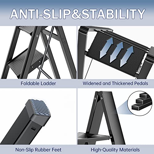3 Step Ladder Folding Ladder Stool Portable Step Ladder Lightweight Aluminum Wide Anti Slip Pedal Multifunctional Household Adults Stepladder Black 330lb