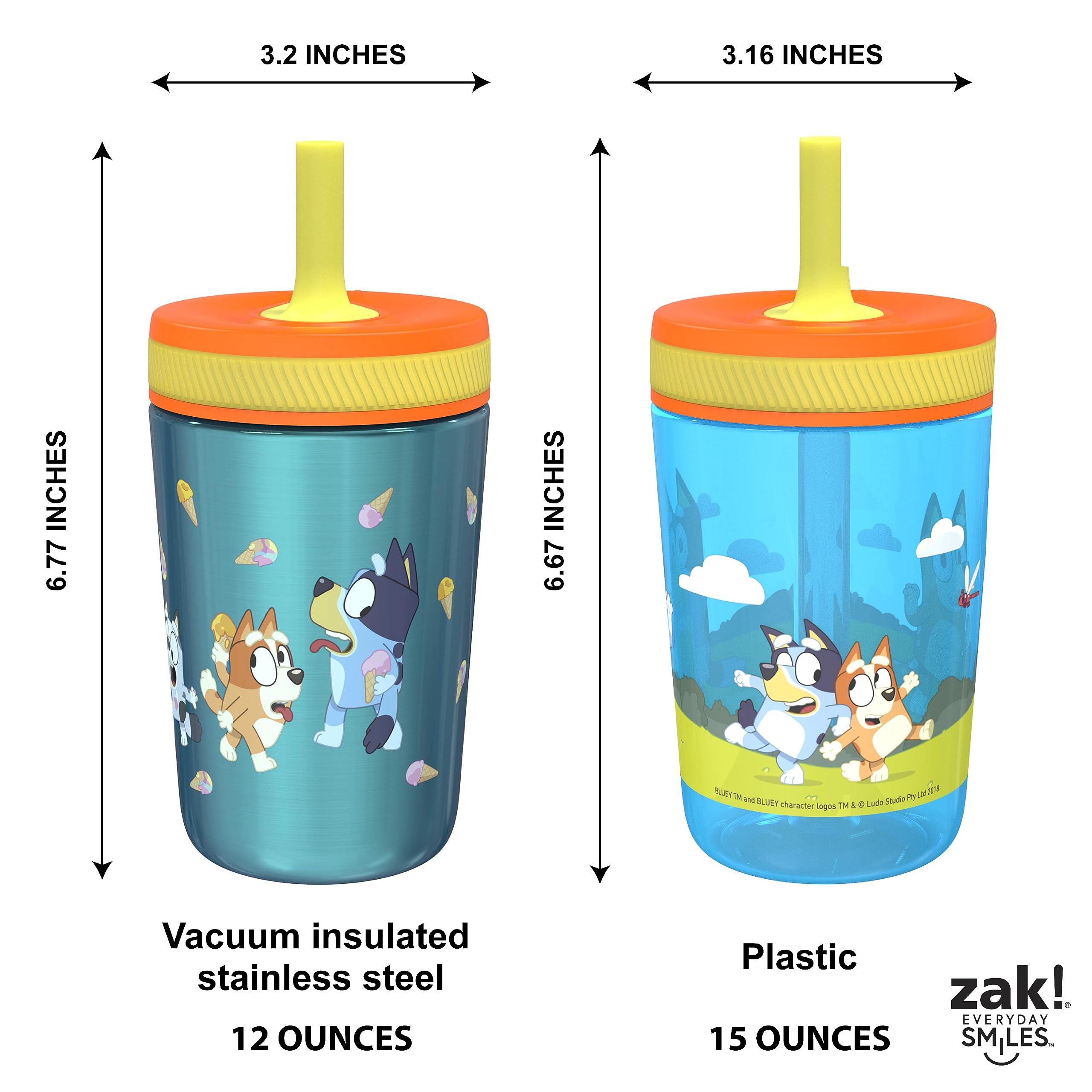 Zak Designs Bluey Kelso Tumbler Set, Leak-Proof Screw-On Lid with Straw, Bundle for Kids Includes Plastic and Stainless Steel Cups with Bonus Sipper, 3pc Set, Non-BPA