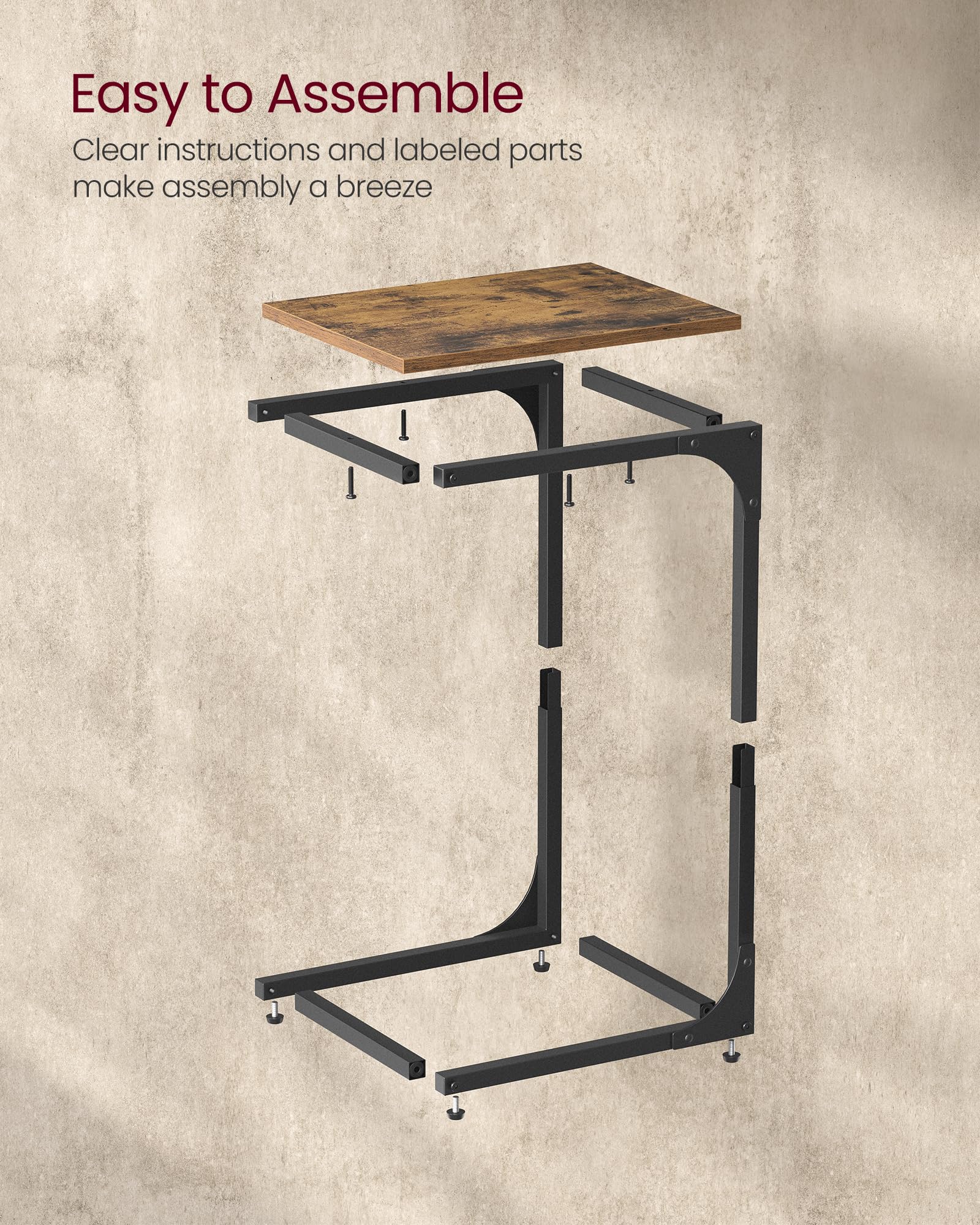 VASAGLE Small Side Table, C Shaped End Table for Sofa and Bed, TV Tray Table with Metal Frame for Couch, Living Room, Bedroom, Rustic Brown and Black