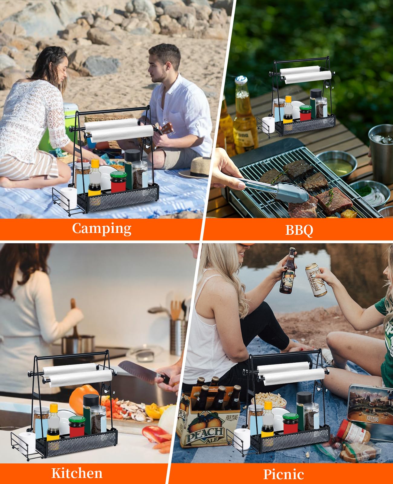 Rehuijao Grill Caddy BBQ Caddy for Outdoor Grill, Large Grill Caddy with Paper Towel Holder, Picnic Caddy for Camping, Grill Caddy Organizer for Plates and Utensils