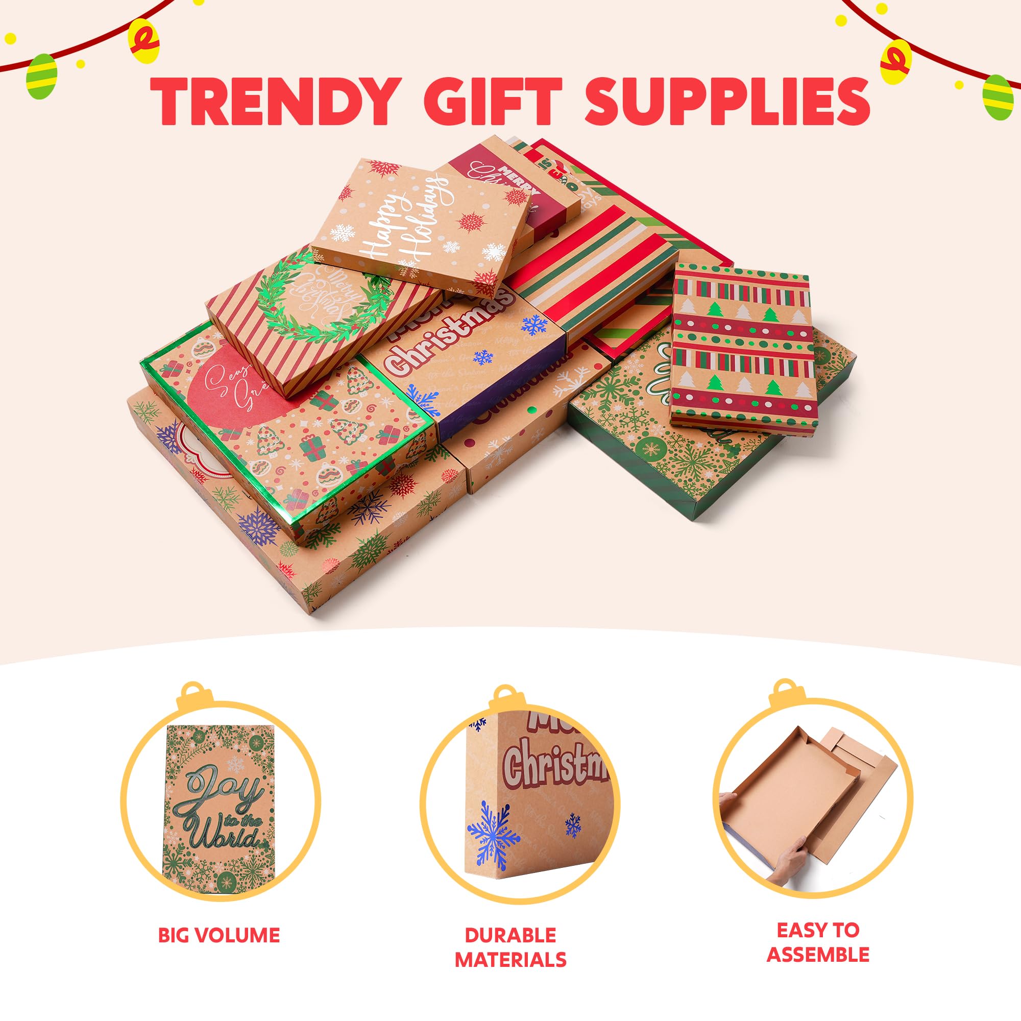 JOYIN 12 Pcs Christmas Aluminum Foil Kraft Paper Gift 3 sizes Boxes with Base, Xmas Shirt Wrap Box, Holiday Present Box for Birthday Party Favors Decorations Gift-Giving, 12 Design