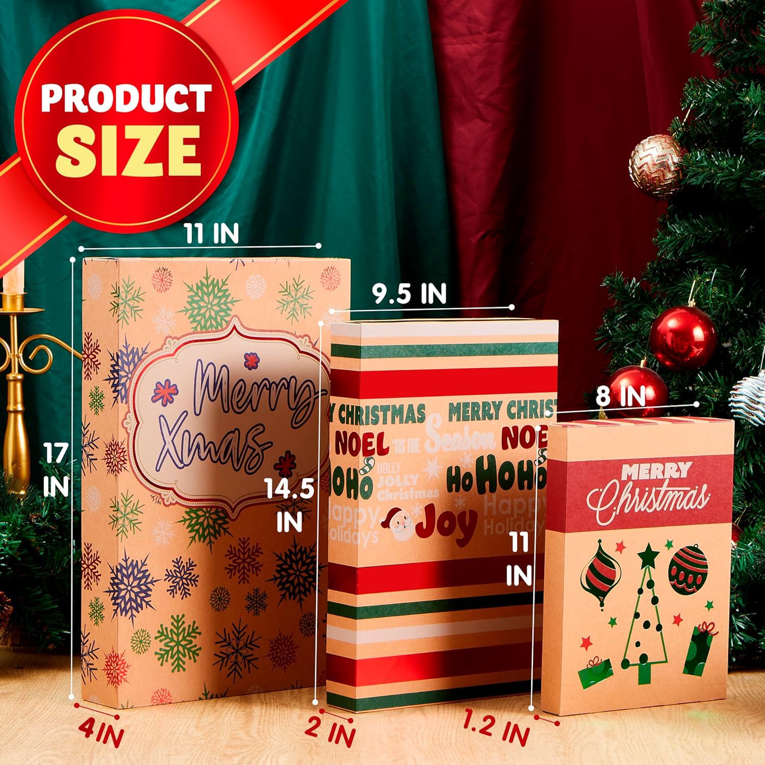 JOYIN 12 Pcs Christmas Aluminum Foil Kraft Paper Gift 3 sizes Boxes with Base, Xmas Shirt Wrap Box, Holiday Present Box for Birthday Party Favors Decorations Gift-Giving, 12 Design