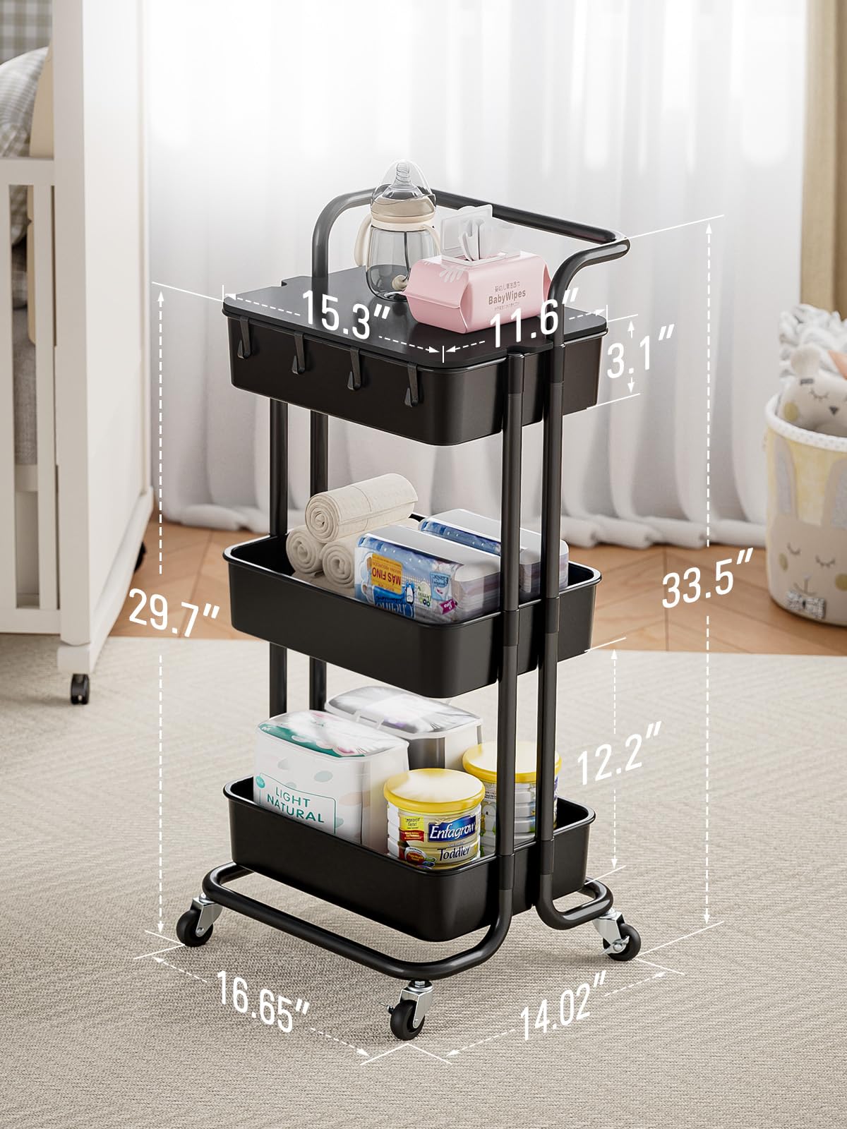 Pipishell 3 Tier Rolling Cart with Table Top, Utility Cart with Wheels & 4 Hooks, Rolling Storage Cart for Home Storage and Organization, Black, PIUC09B
