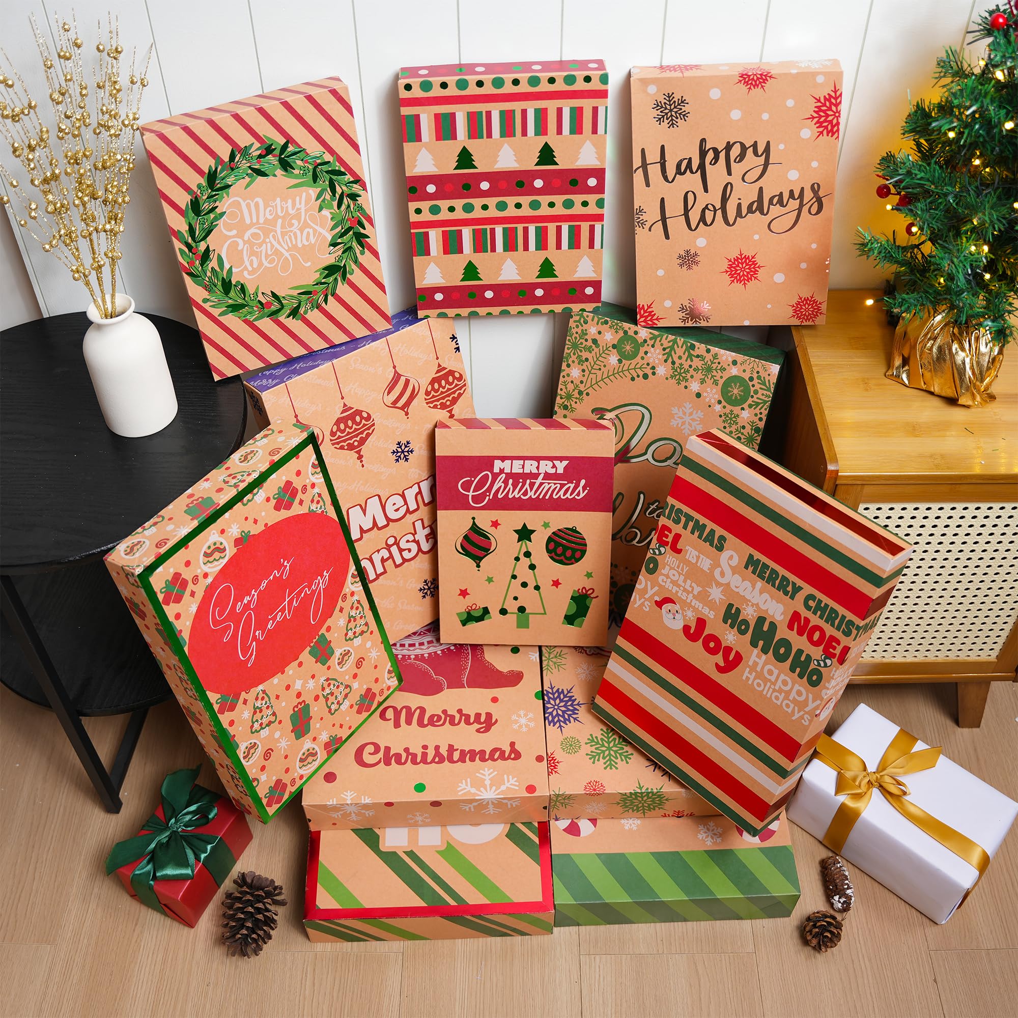 JOYIN 12 Pcs Christmas Aluminum Foil Kraft Paper Gift 3 sizes Boxes with Base, Xmas Shirt Wrap Box, Holiday Present Box for Birthday Party Favors Decorations Gift-Giving, 12 Design