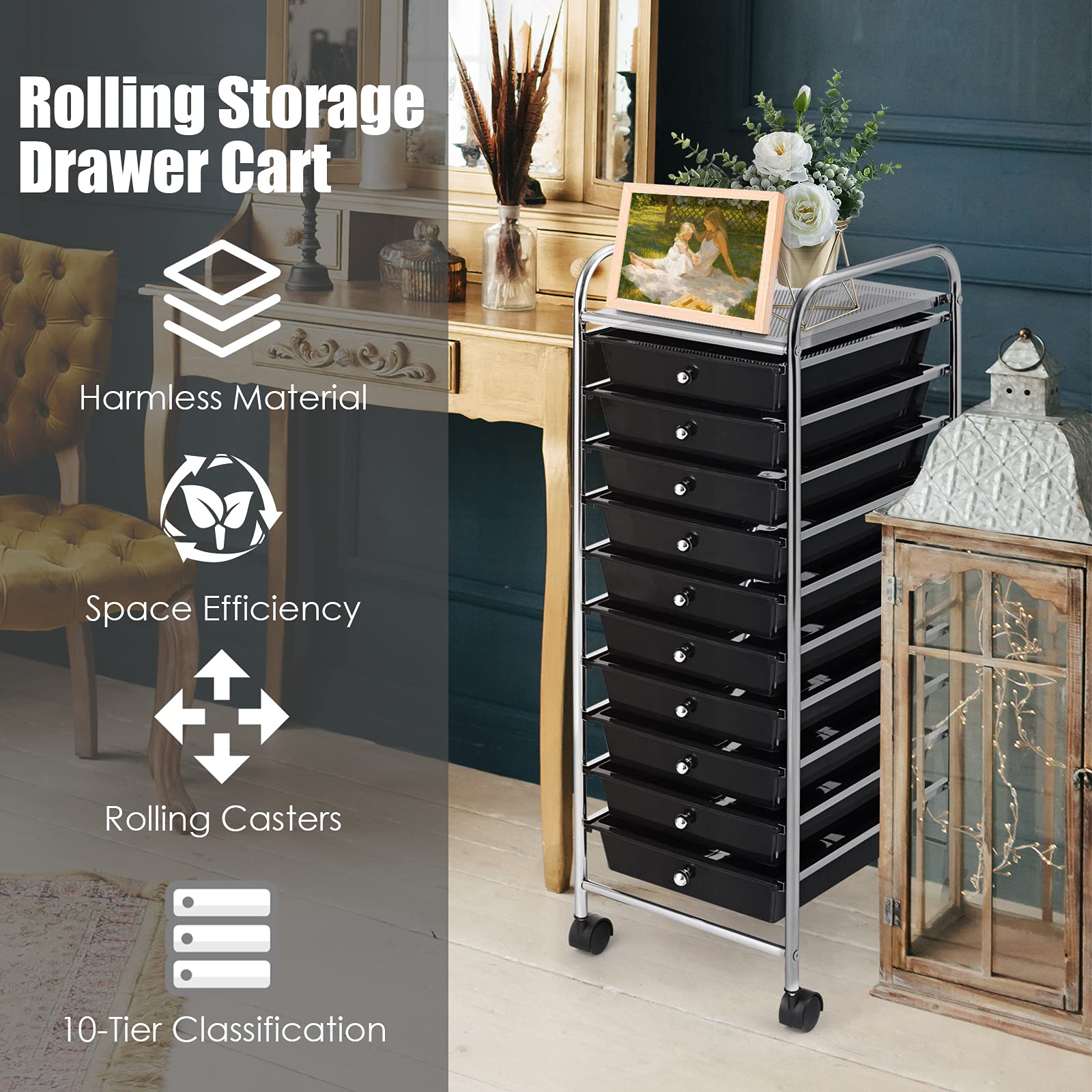 GOFLAME Rolling Drawer Cart with 10 Drawers, Utility Storage Organizer Cart with Wheels and Metal Frame, Art Cart for Office, School, Home, Black