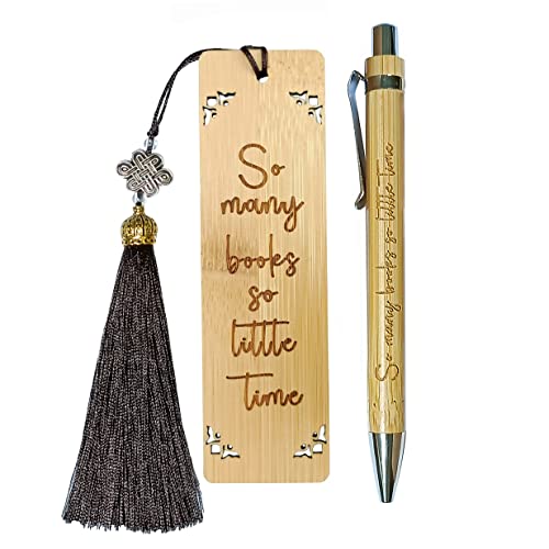 Handmade Bamboo Bookmark with Laser Carved Quote, Wooden Bookmark with Beautiful Tassel,A Unique Gift with Ball Point Pen Set for Teachers, Students, Men and Women. (A2)