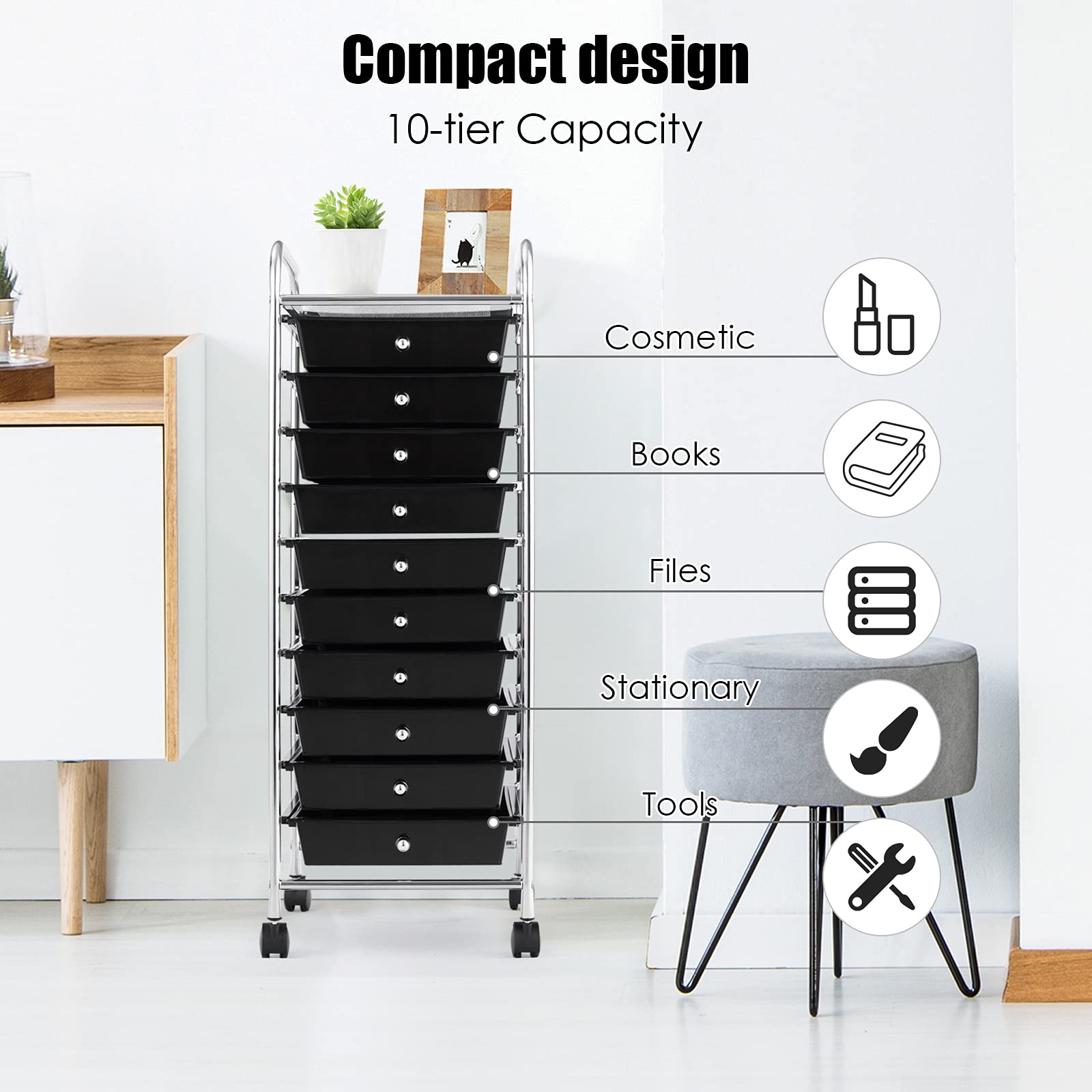 GOFLAME Rolling Drawer Cart with 10 Drawers, Utility Storage Organizer Cart with Wheels and Metal Frame, Art Cart for Office, School, Home, Black