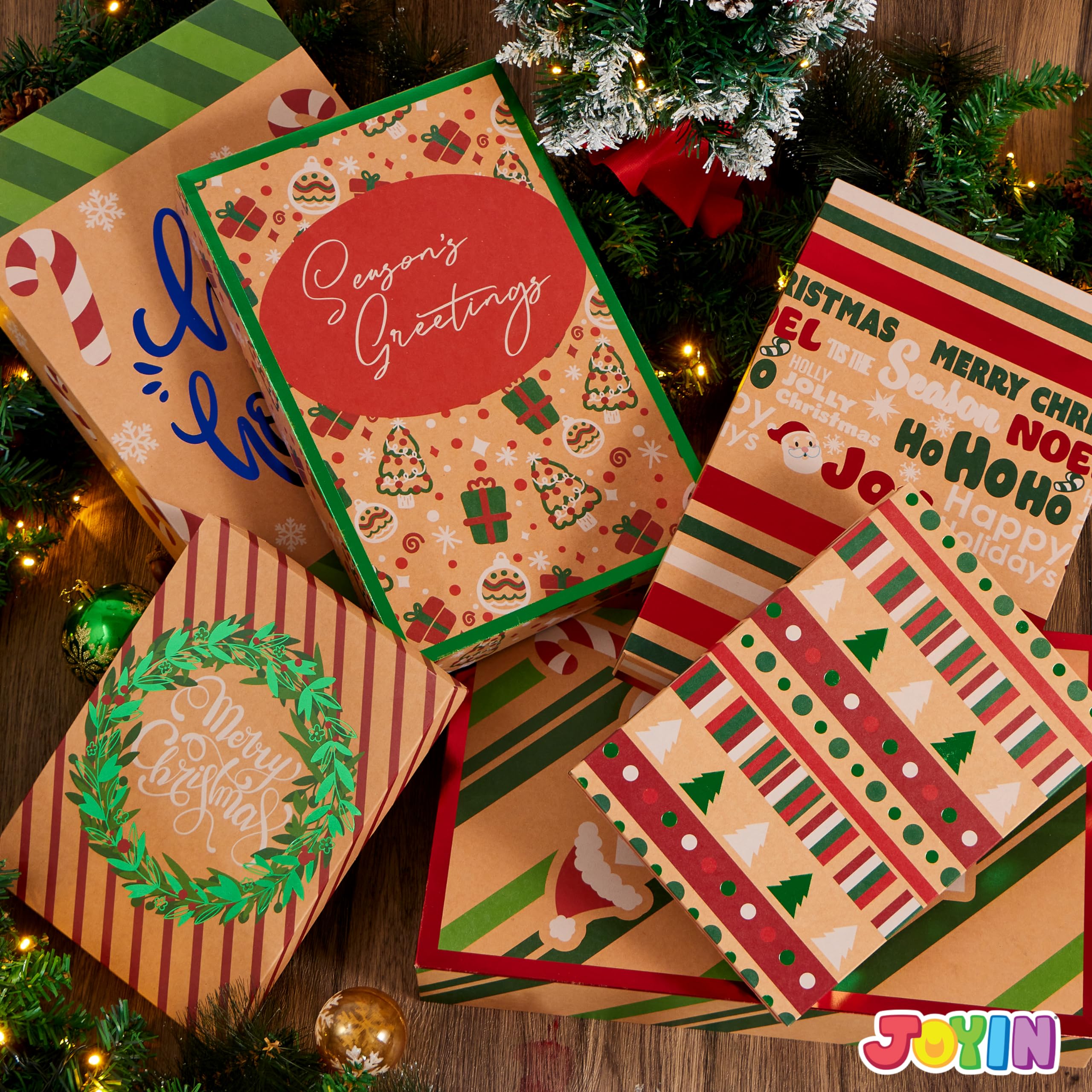 JOYIN 12 Pcs Christmas Aluminum Foil Kraft Paper Gift 3 sizes Boxes with Base, Xmas Shirt Wrap Box, Holiday Present Box for Birthday Party Favors Decorations Gift-Giving, 12 Design
