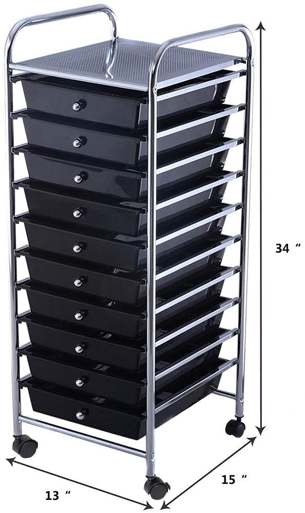 GOFLAME Rolling Drawer Cart with 10 Drawers, Utility Storage Organizer Cart with Wheels and Metal Frame, Art Cart for Office, School, Home, Black