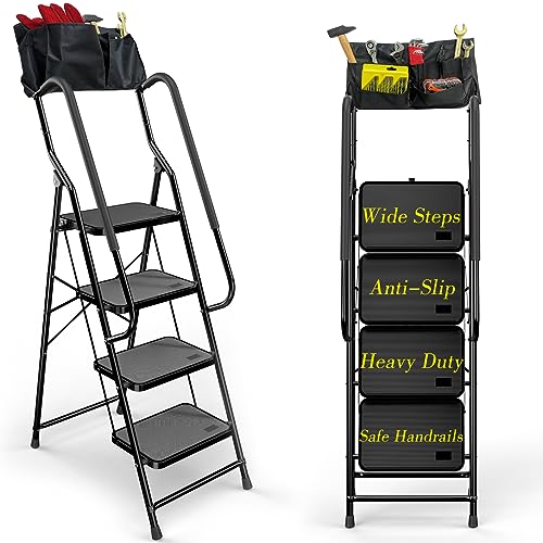 SUZHI Heavy Duty 4 Step Foldable Ladder with Handrails, Attachable Tool Bag & Anti-Slip Wide Pedal Ladders for Indoor Hanging Paintings, Cleaning High ledge&Ceiling,Fan, 300 Pound Capacity