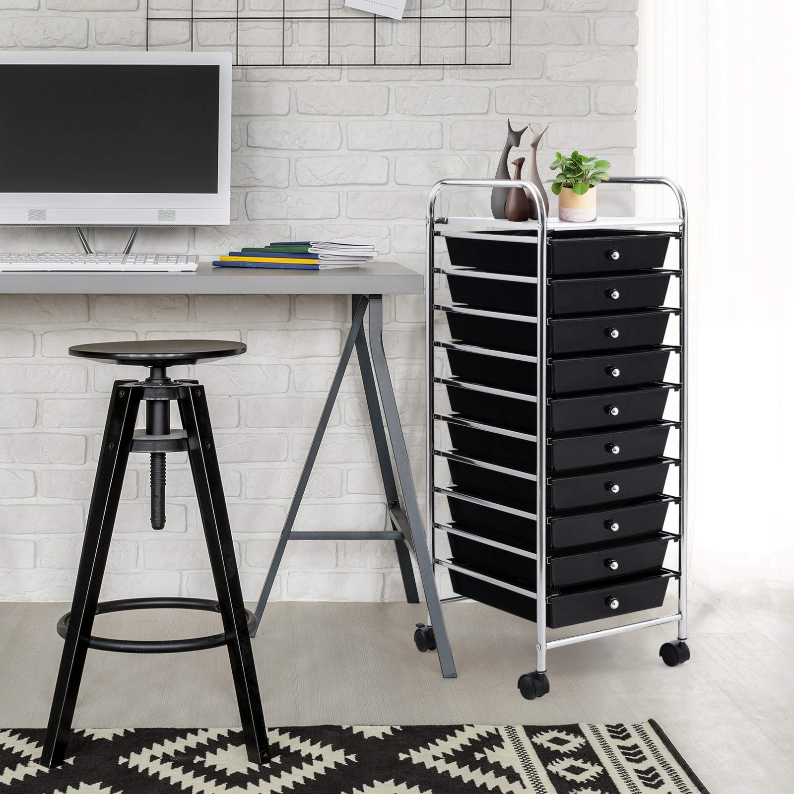 GOFLAME Rolling Drawer Cart with 10 Drawers, Utility Storage Organizer Cart with Wheels and Metal Frame, Art Cart for Office, School, Home, Black