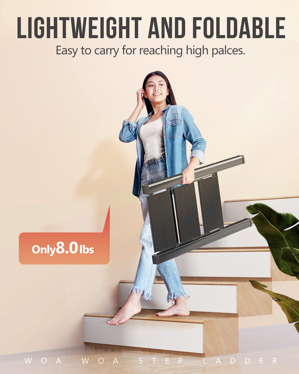 WOA WOA 3 Step Ladder, Foldable Step Stool, Aluminum Lightweight Ladder for Home Kitchen Closet, Anti-Slip Pedals, Ease of Folding, Portable, 300lbs Capacity - Black