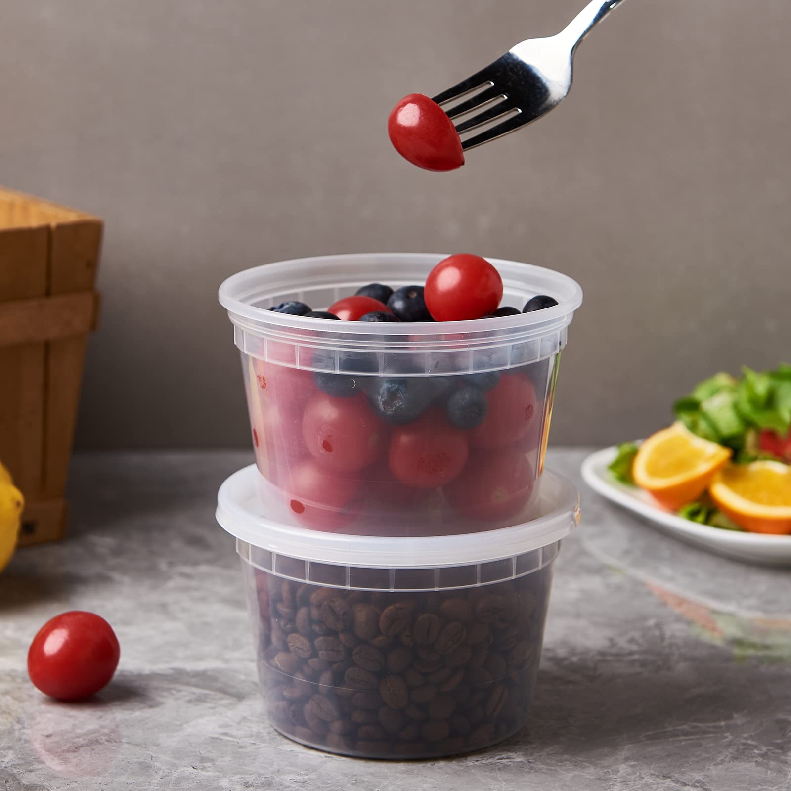 [48pack 16oz]FULING Plastic Containers With Lids Deli Disposable Food Storage Takeout Containers Airtight BPA-Free Leakproof Round Bowls for Soup Salad Restaurant Supplies With Clear Lids