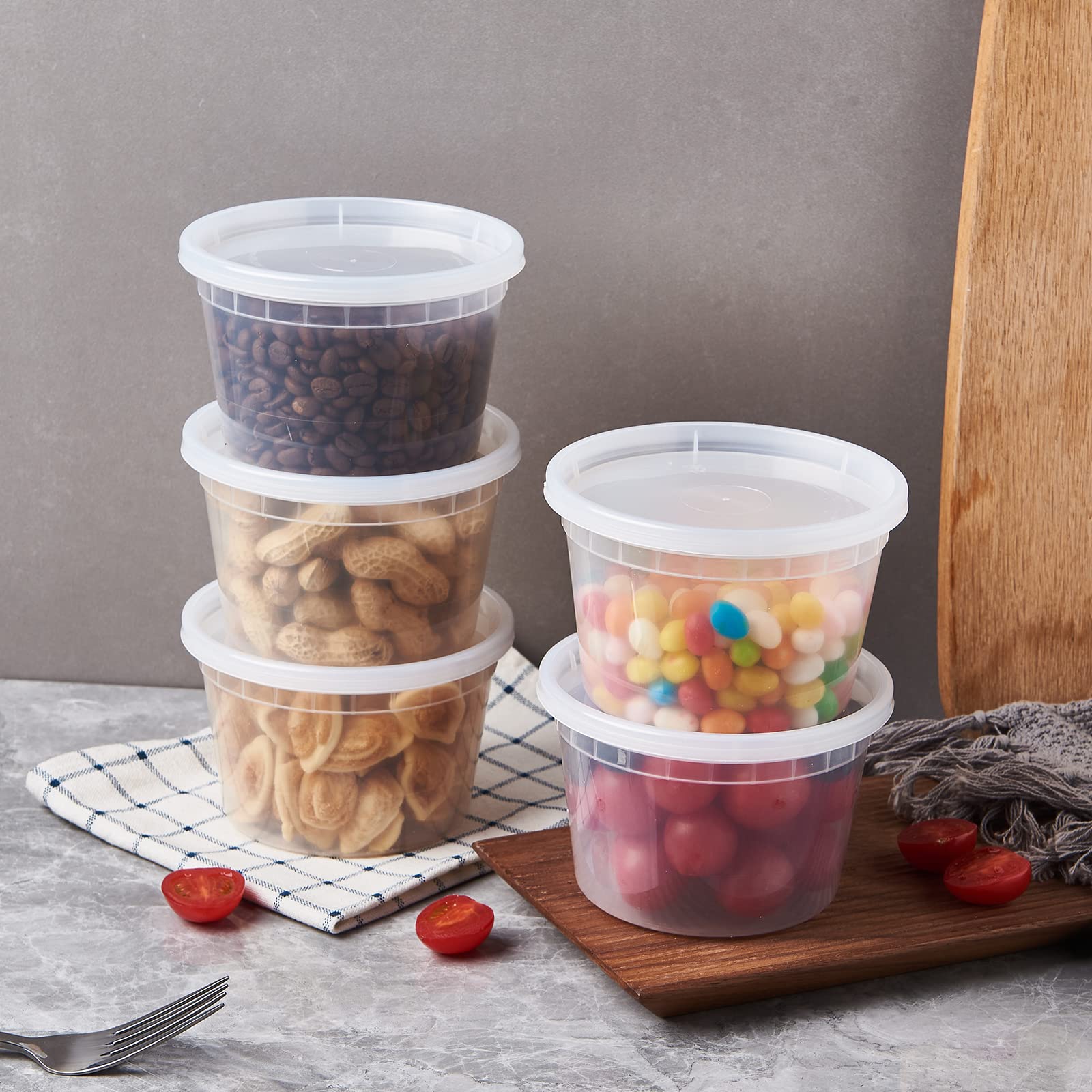 [48pack 16oz]FULING Plastic Containers With Lids Deli Disposable Food Storage Takeout Containers Airtight BPA-Free Leakproof Round Bowls for Soup Salad Restaurant Supplies With Clear Lids