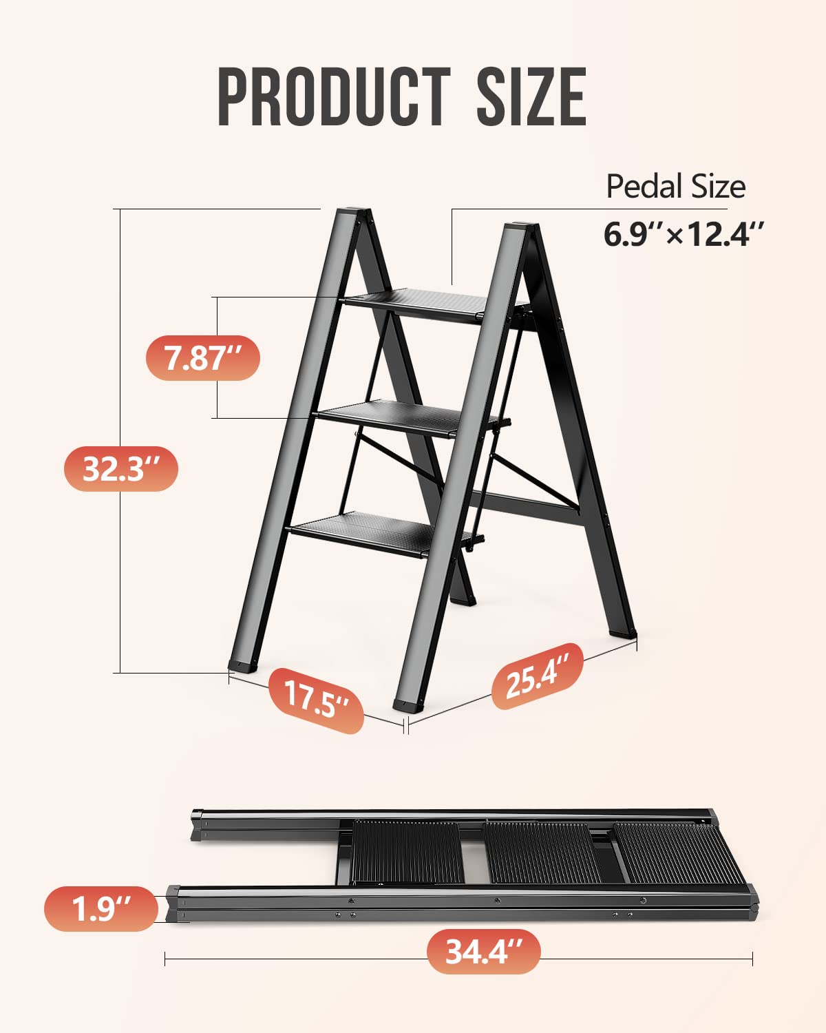 WOA WOA 3 Step Ladder, Foldable Step Stool, Aluminum Lightweight Ladder for Home Kitchen Closet, Anti-Slip Pedals, Ease of Folding, Portable, 300lbs Capacity - Black