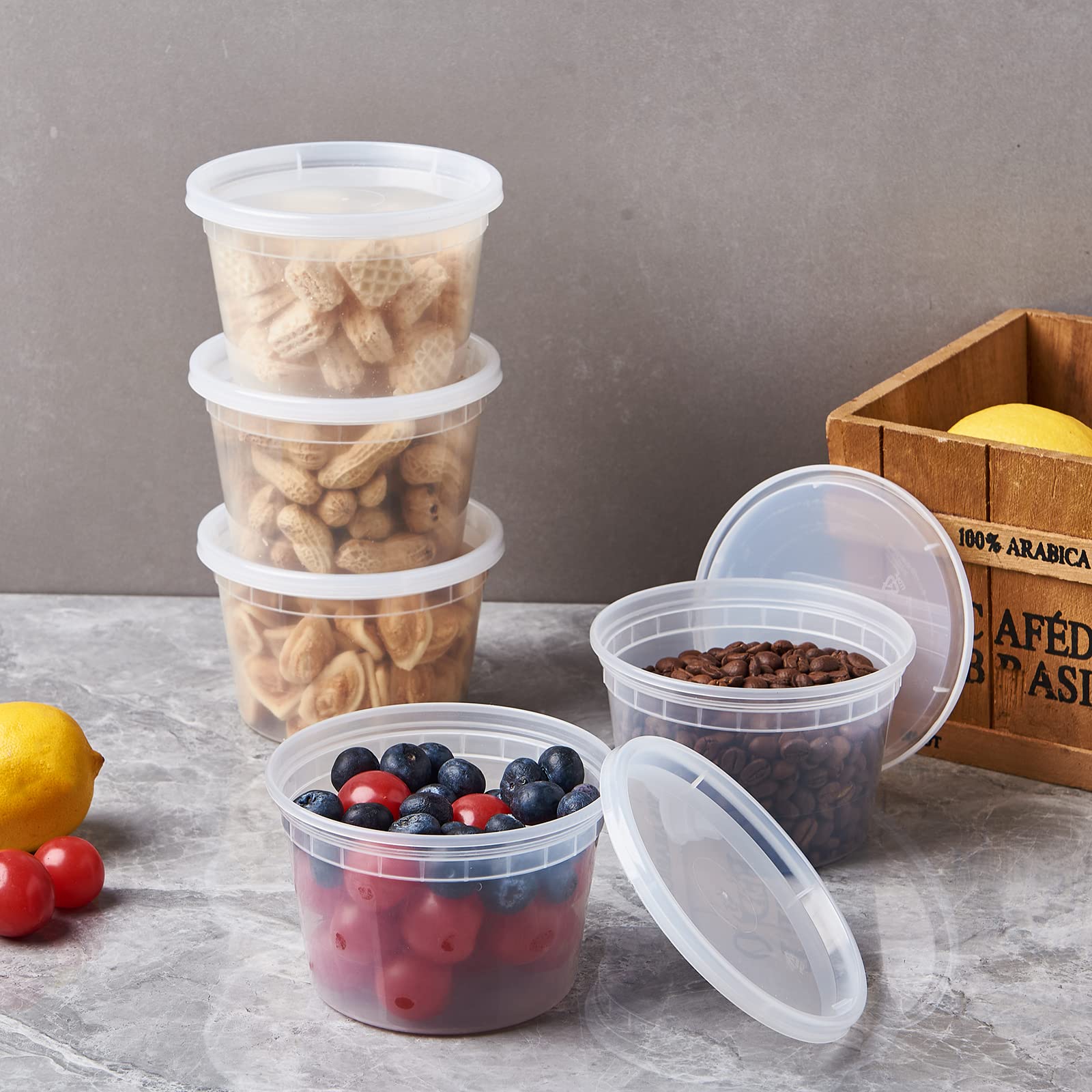 [48pack 16oz]FULING Plastic Containers With Lids Deli Disposable Food Storage Takeout Containers Airtight BPA-Free Leakproof Round Bowls for Soup Salad Restaurant Supplies With Clear Lids