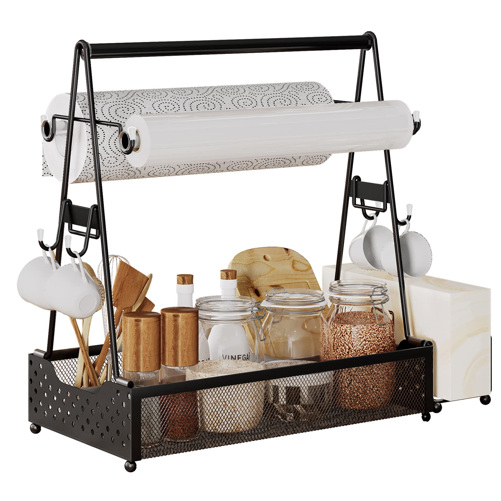 WHITE TIGER Grill Caddy for Camping, Picnic Caddy for Plates and Utensils, BBQ Caddy with Paper Towel Holder for Outdoor, Camper Must Haves for Barbecue Accessories Storage Organizer (Black)