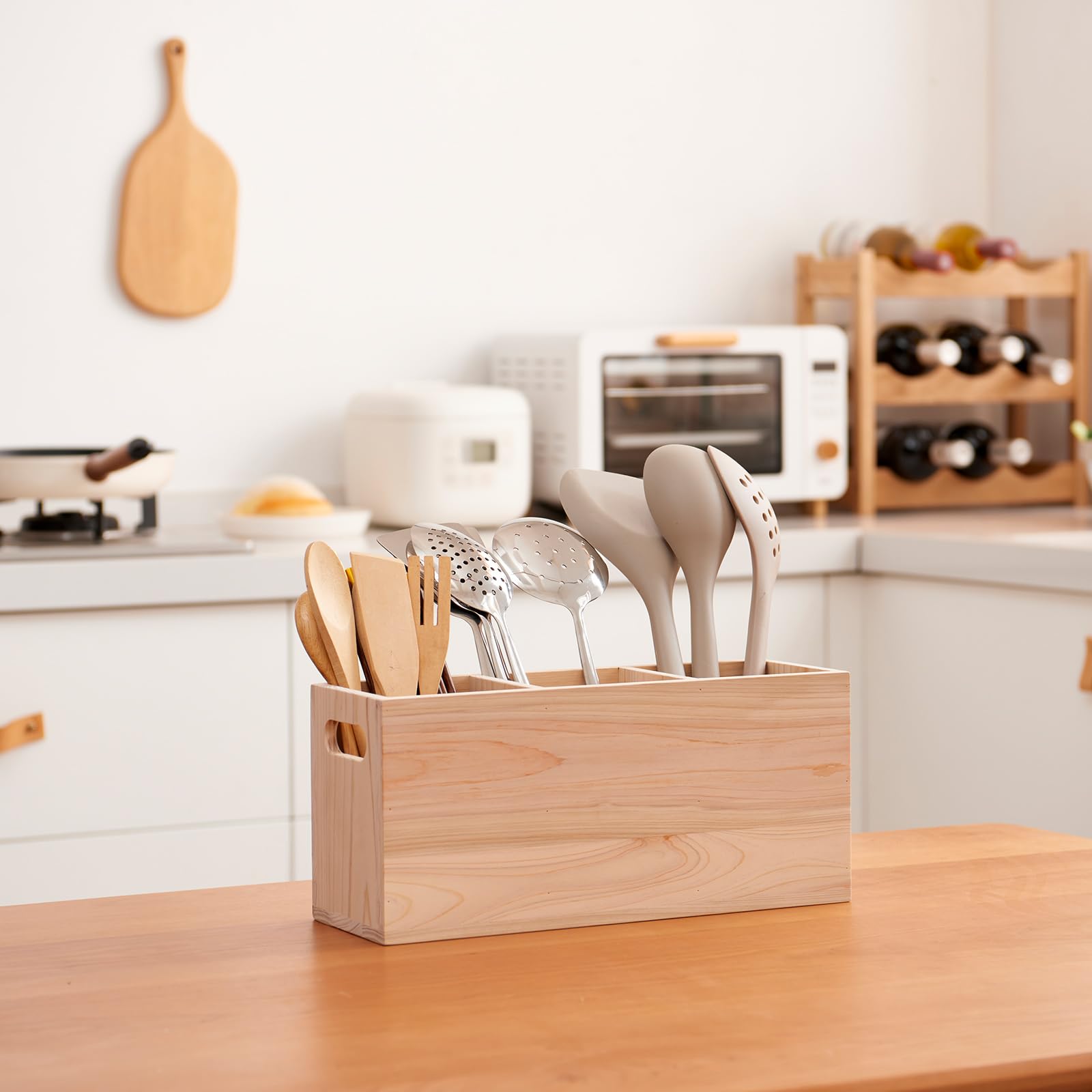 TREOAKWIS Utensil Holder Extra Large, Hinoki Cypress Wood Utensil Organizer Holder, 3 Compartment Kitchen Countertop Utensil Caddy Crock Counter Organizer and Cooking Tools Storage