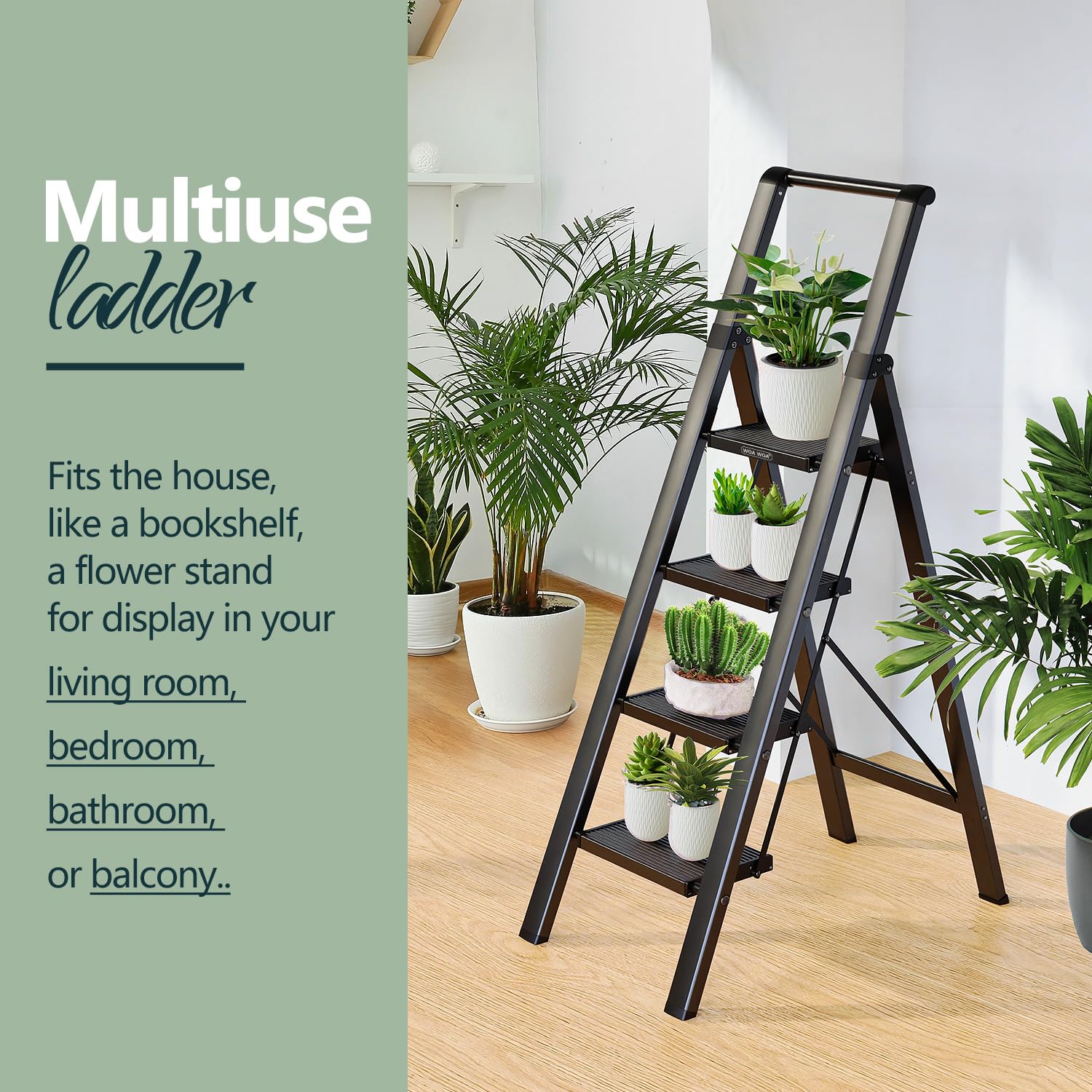 WOA WOA 4-Step Ladder with Widen Pedals, Lightweight Folding Aluminum Ladder with Anti-Slip Feet for Home, Kitchen High Cabinet - 330 lbs Load - Black