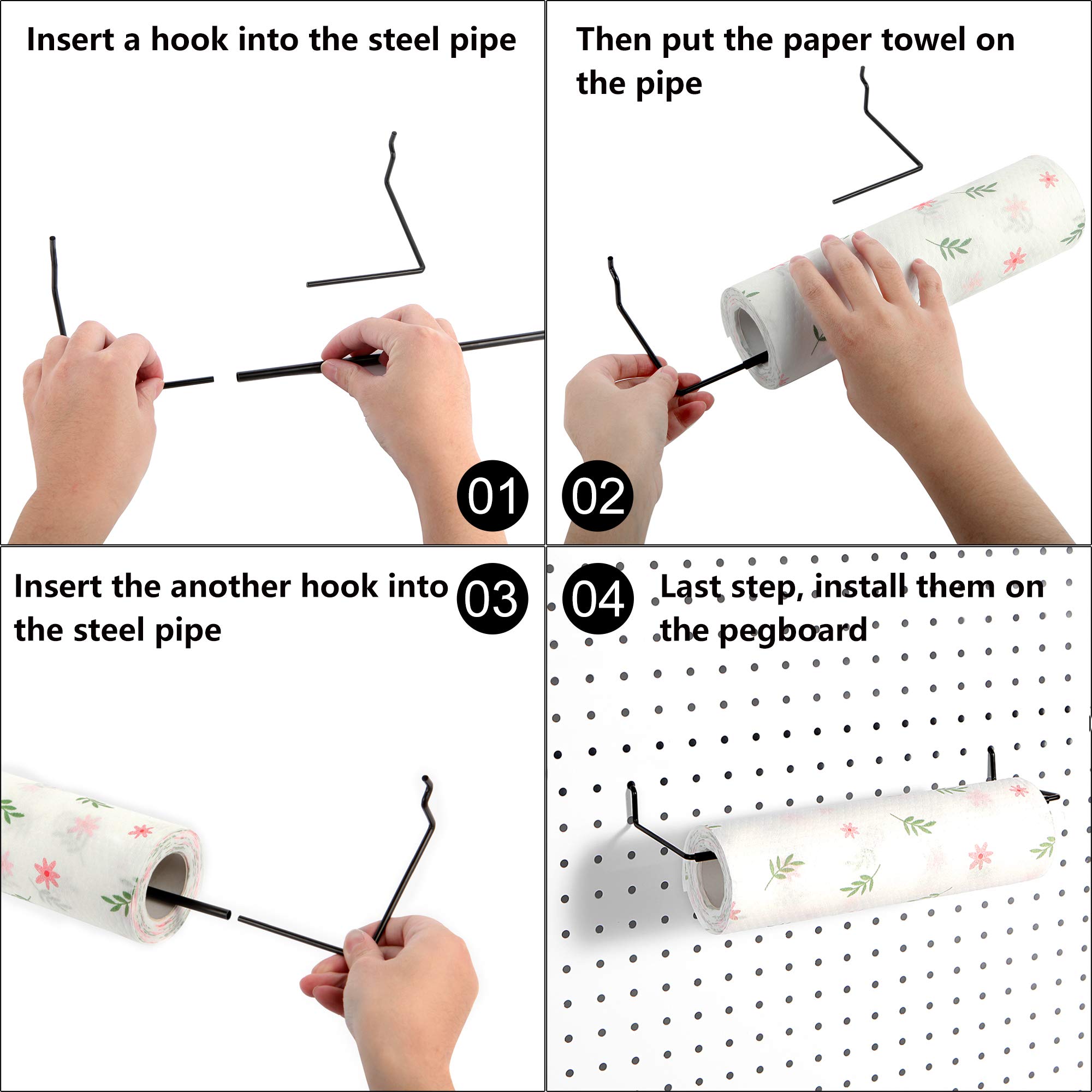 Paper Towel Holder for Pegboard, Extendable, Fit Any Standard Pegboard, 2 Packs, Black