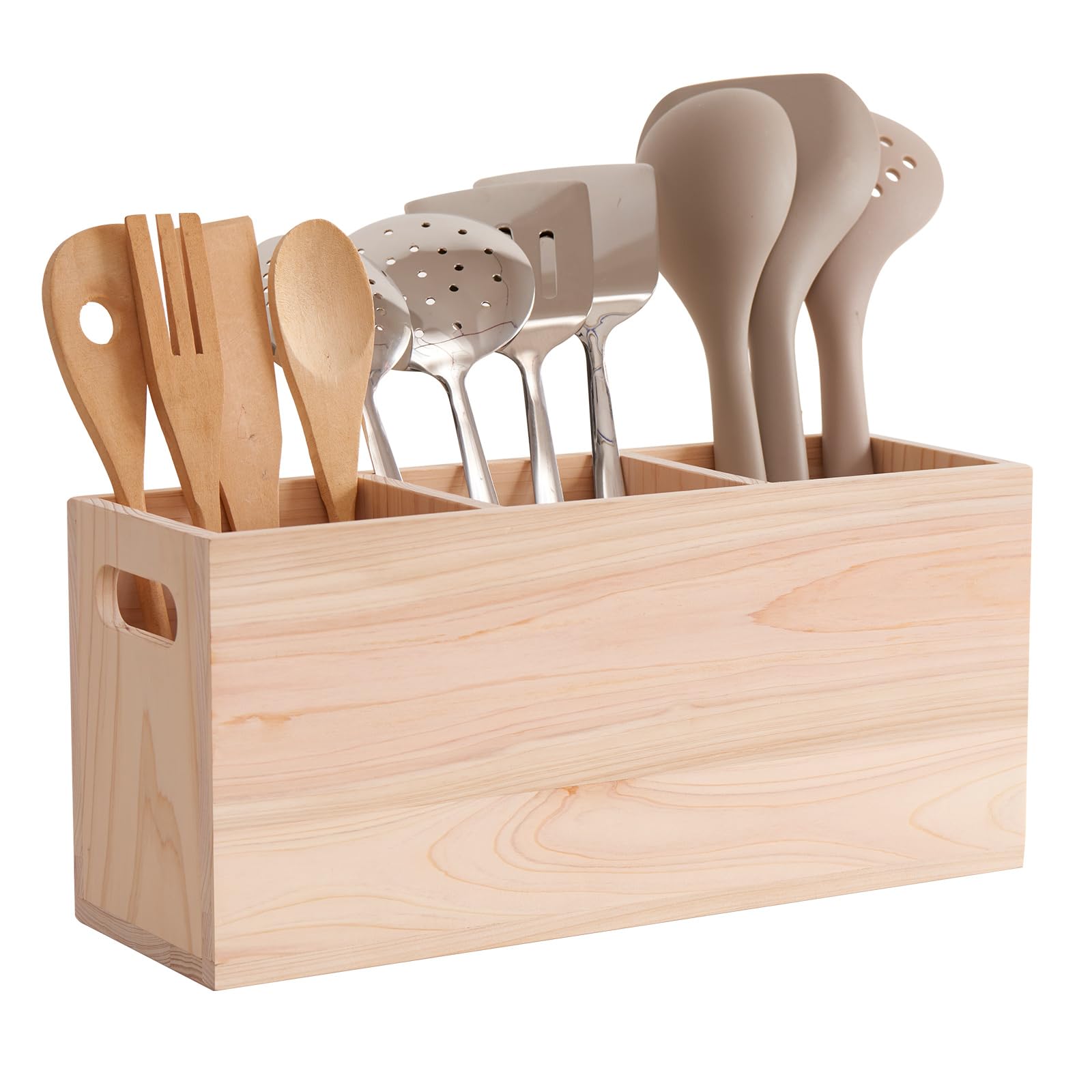 TREOAKWIS Utensil Holder Extra Large, Hinoki Cypress Wood Utensil Organizer Holder, 3 Compartment Kitchen Countertop Utensil Caddy Crock Counter Organizer and Cooking Tools Storage
