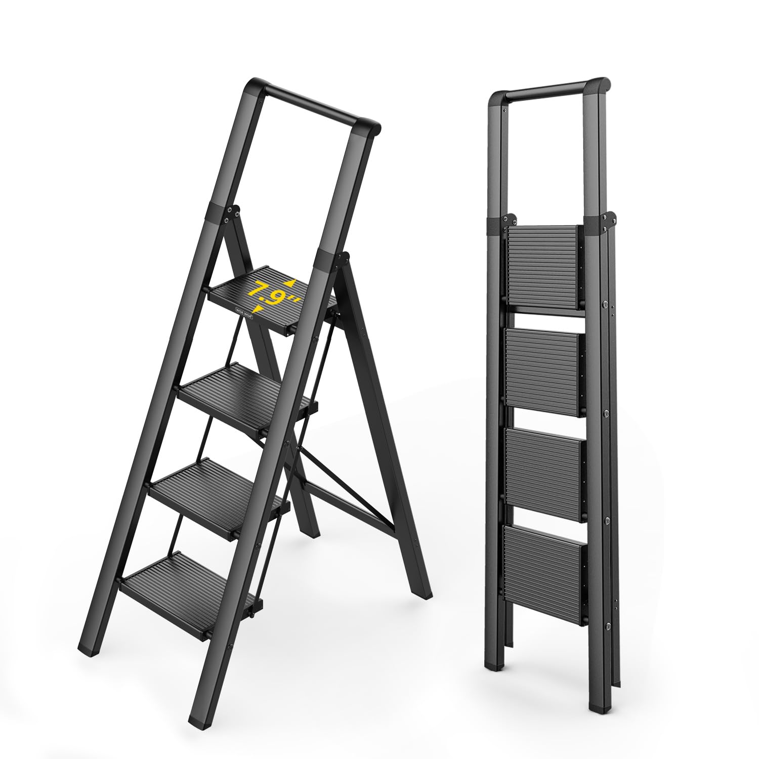 WOA WOA 4-Step Ladder with Widen Pedals, Lightweight Folding Aluminum Ladder with Anti-Slip Feet for Home, Kitchen High Cabinet - 330 lbs Load - Black
