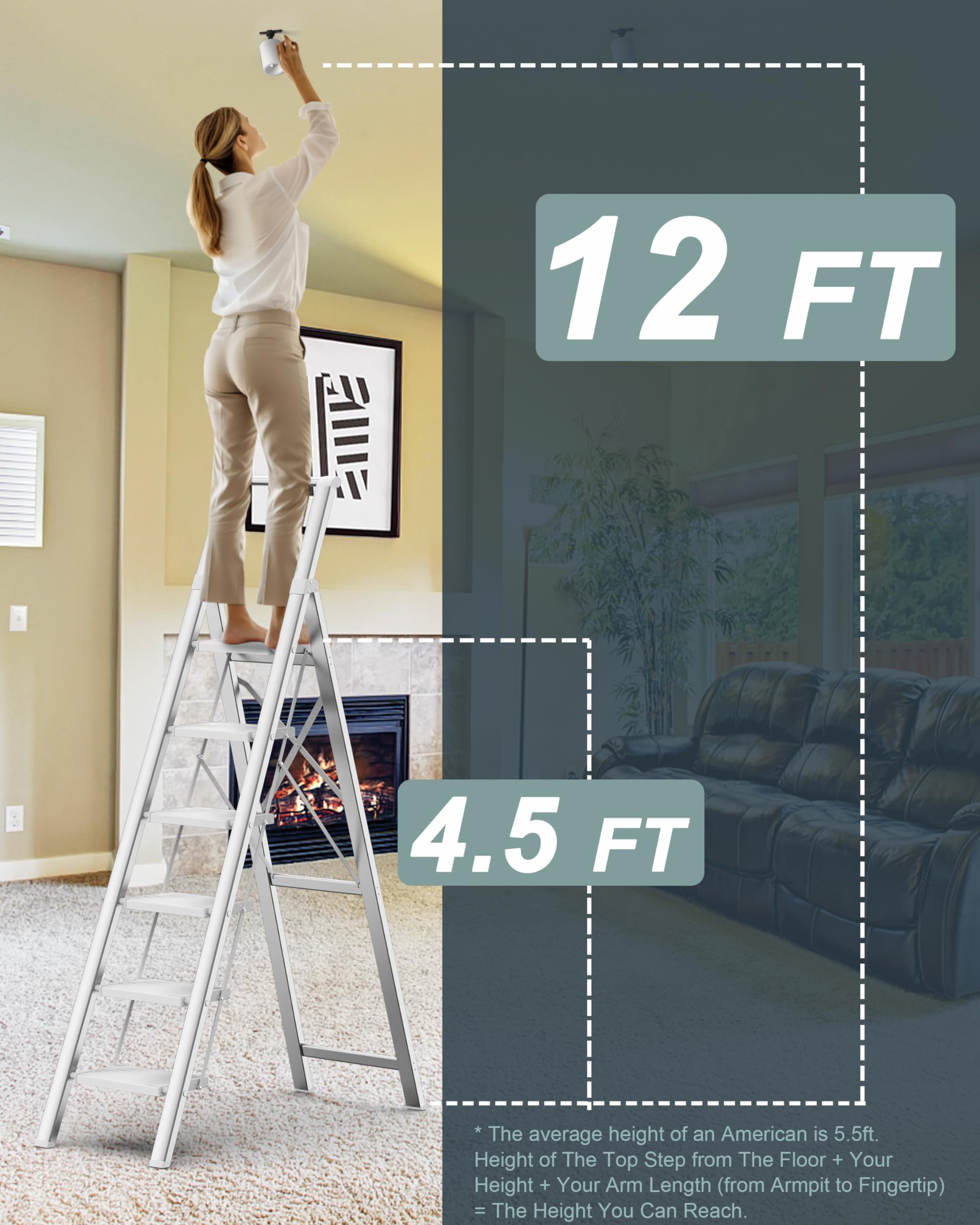 COROCO 6 Step Ladder for 12 Feet High Ceiling, Folding Step Stool with Handgrip and Anti-Slip Wide Pedal, Portable Lightweight Aluminum Stepladder for Kitchen, Home (300 lbs Capacity) - White