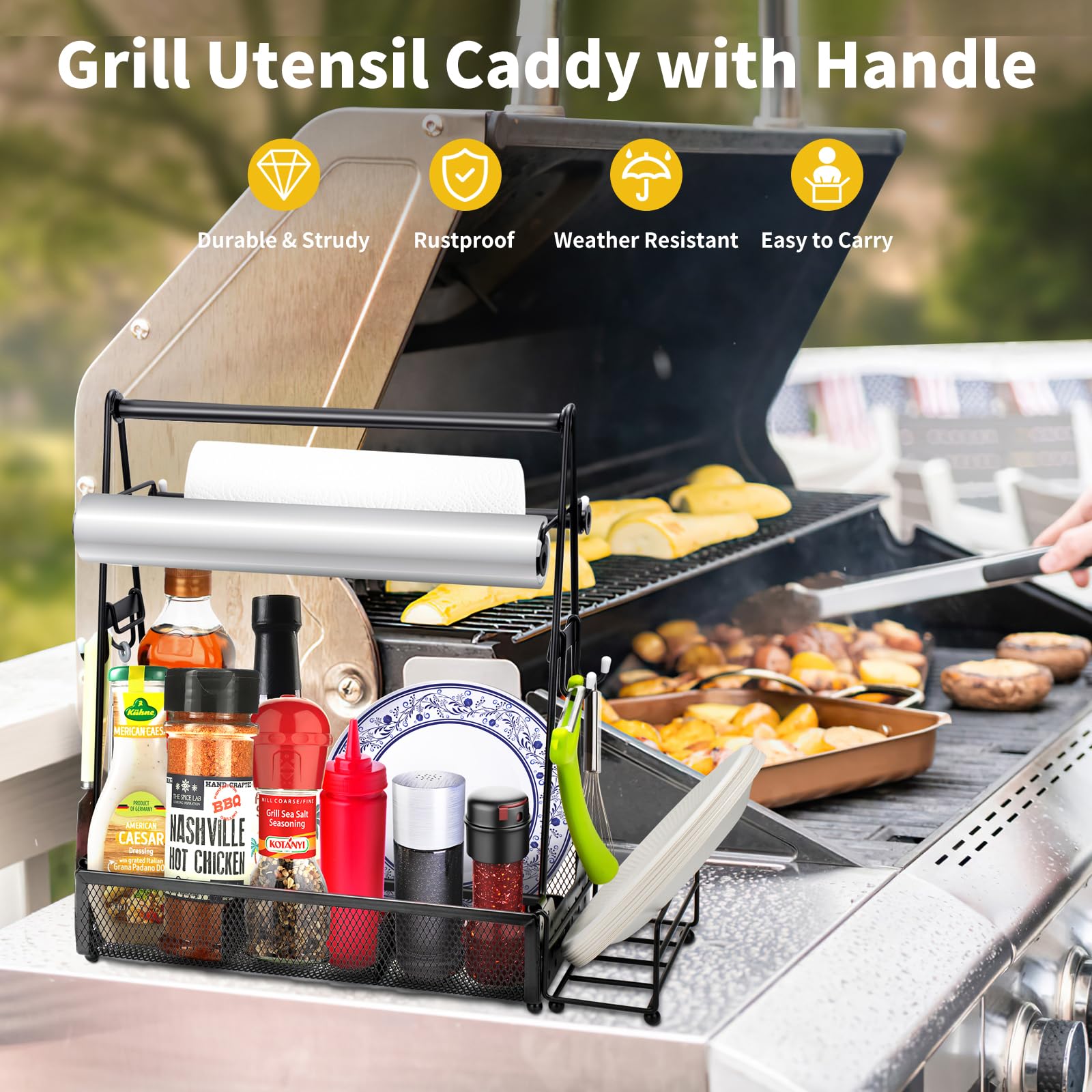 Grill Caddy, BestMal BBQ Caddy with Paper Towel Holder, Picnic Condiment Utensil Caddy for Outdoor Camping, Barbecue Accessories Storage Organizer for Griddle Grilling Tool, Rv Patio Camper Must Haves