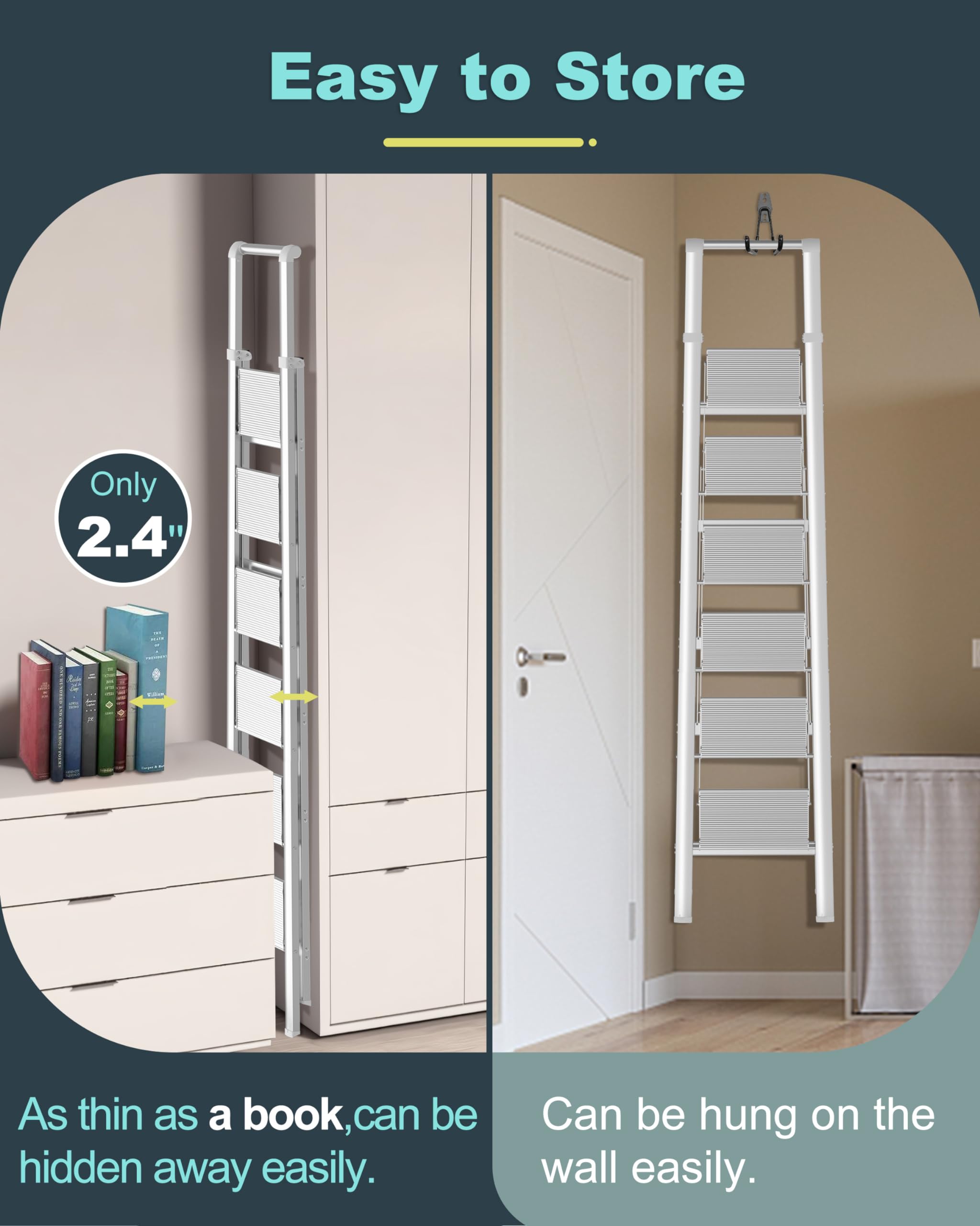 COROCO 6 Step Ladder for 12 Feet High Ceiling, Folding Step Stool with Handgrip and Anti-Slip Wide Pedal, Portable Lightweight Aluminum Stepladder for Kitchen, Home (300 lbs Capacity) - White