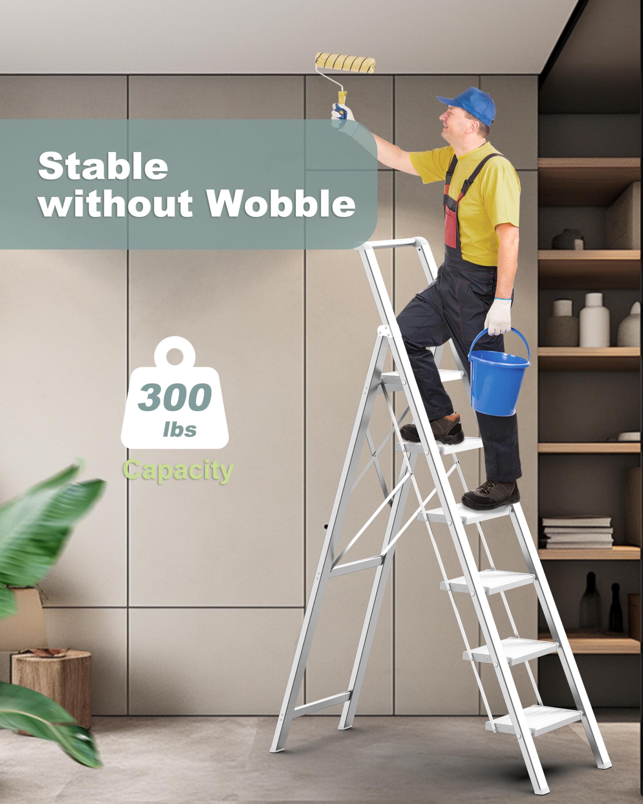 COROCO 6 Step Ladder for 12 Feet High Ceiling, Folding Step Stool with Handgrip and Anti-Slip Wide Pedal, Portable Lightweight Aluminum Stepladder for Kitchen, Home (300 lbs Capacity) - White