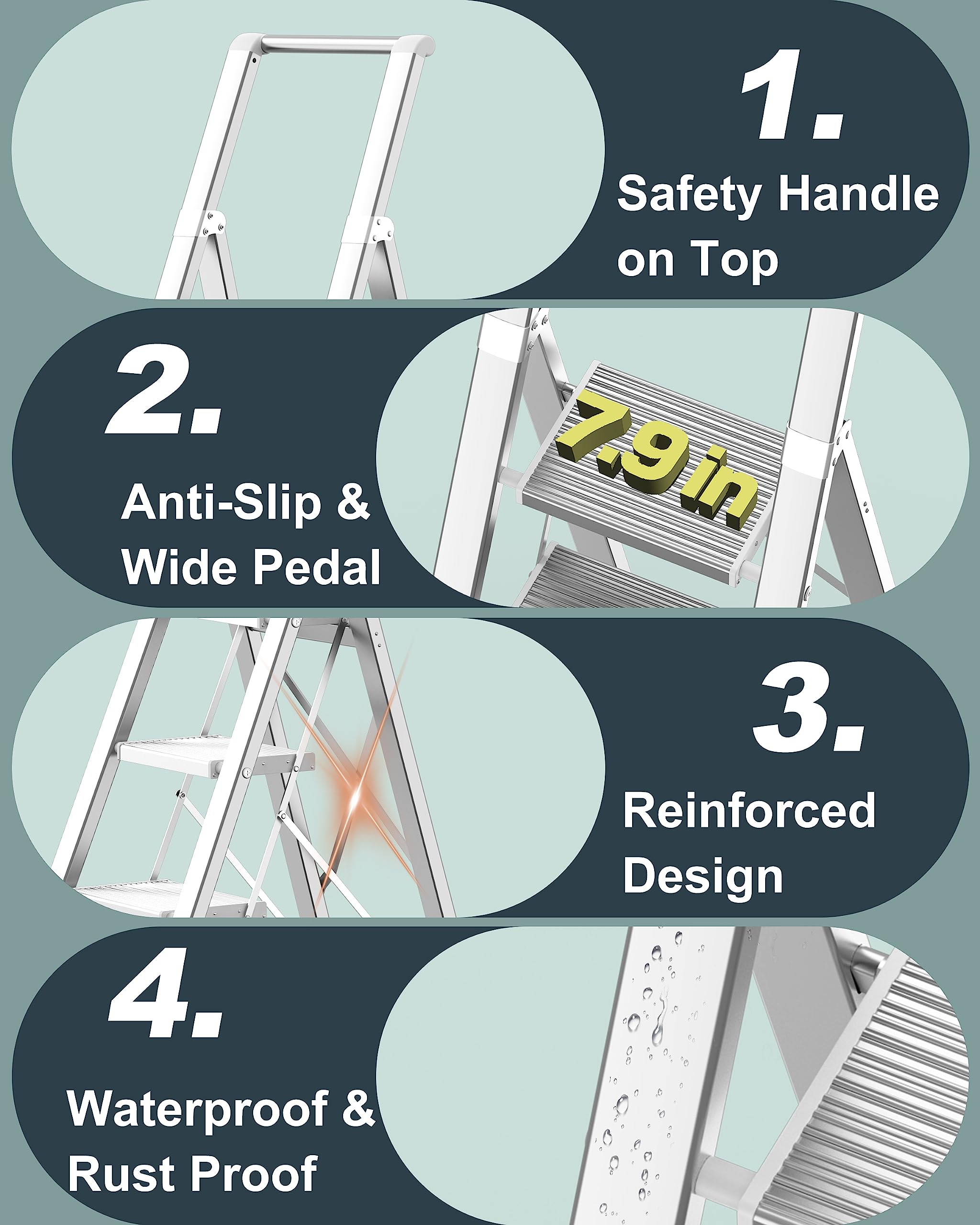 COROCO 6 Step Ladder for 12 Feet High Ceiling, Folding Step Stool with Handgrip and Anti-Slip Wide Pedal, Portable Lightweight Aluminum Stepladder for Kitchen, Home (300 lbs Capacity) - White