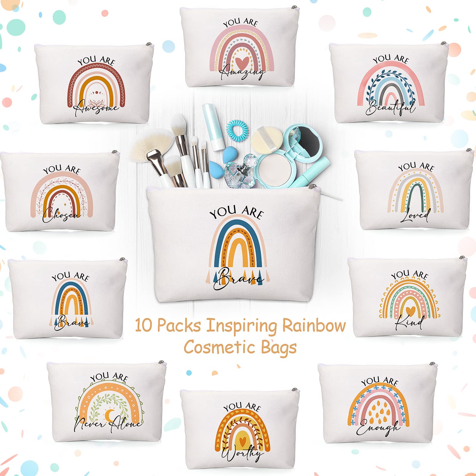 Coume 10 Pcs Rainbow Canvas Makeup Bags Bulk Inspirational Quotes Cosmetic Bags