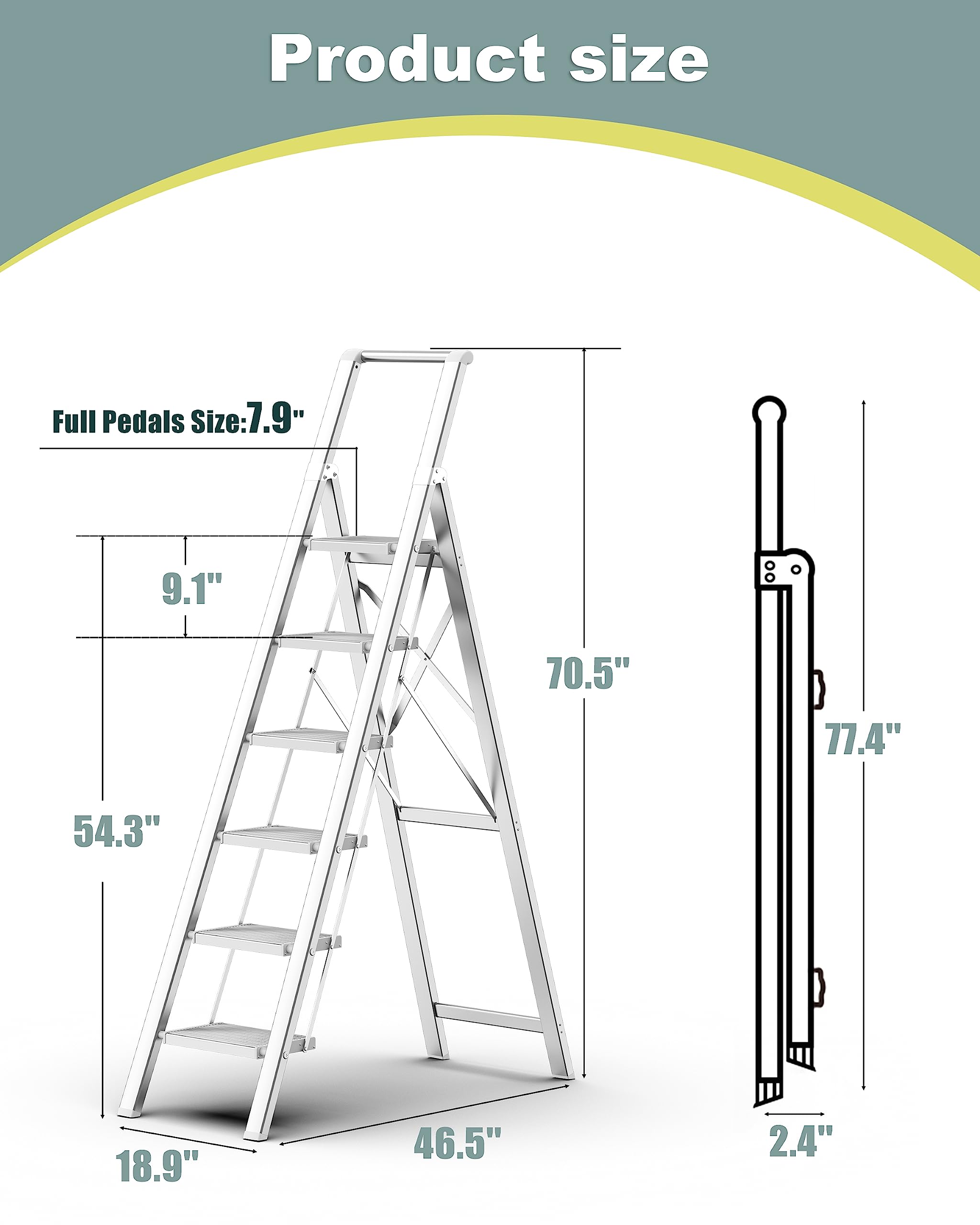 COROCO 6 Step Ladder for 12 Feet High Ceiling, Folding Step Stool with Handgrip and Anti-Slip Wide Pedal, Portable Lightweight Aluminum Stepladder for Kitchen, Home (300 lbs Capacity) - White