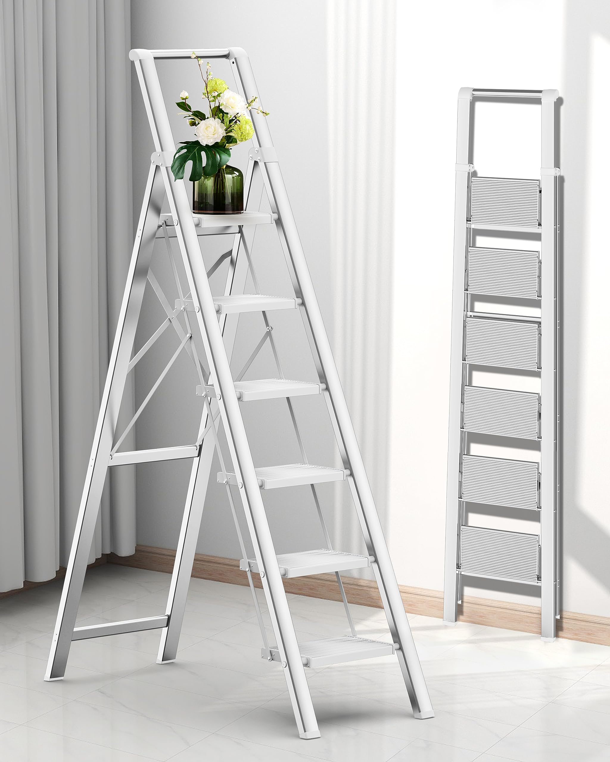 COROCO 6 Step Ladder for 12 Feet High Ceiling, Folding Step Stool with Handgrip and Anti-Slip Wide Pedal, Portable Lightweight Aluminum Stepladder for Kitchen, Home (300 lbs Capacity) - White