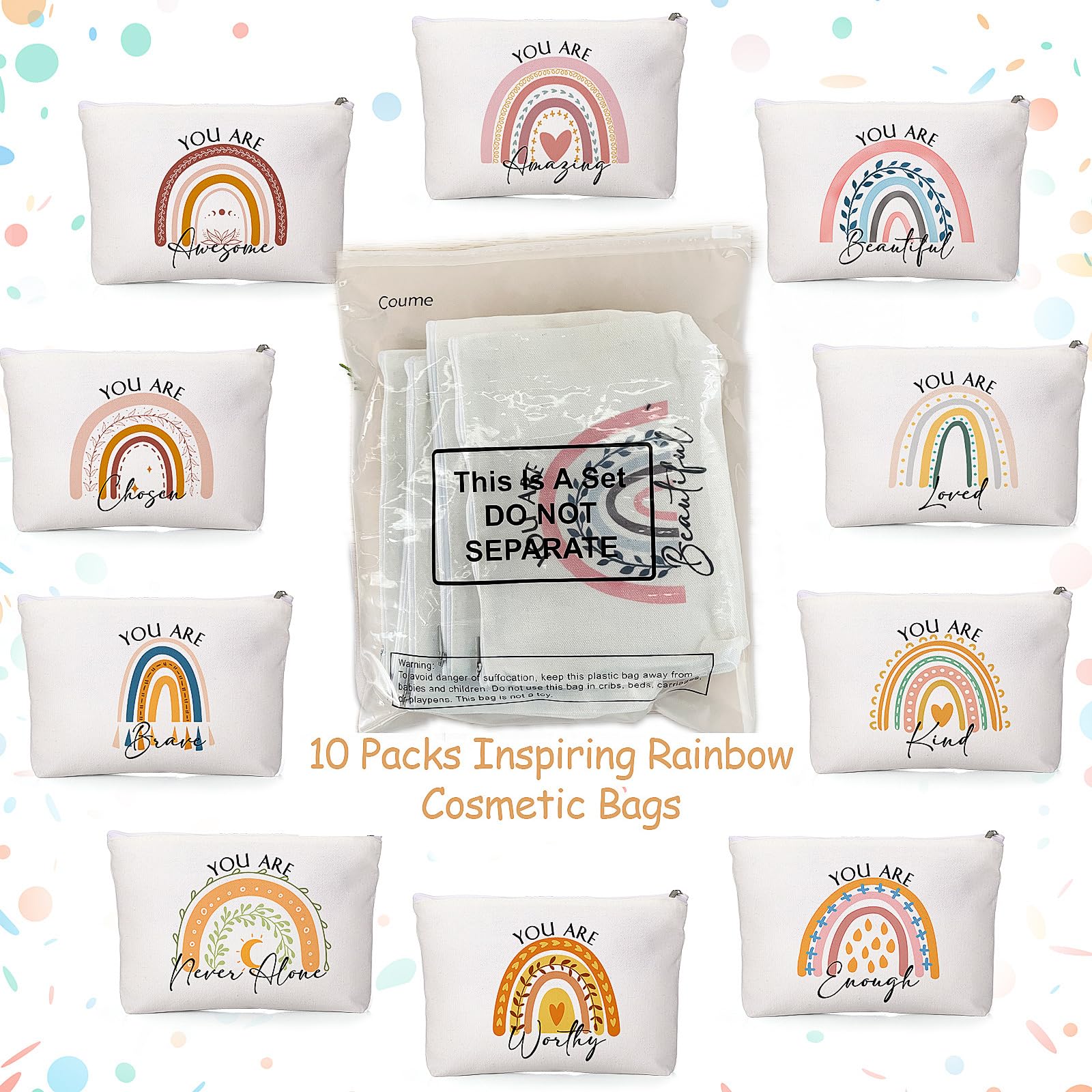 Coume 10 Pcs Rainbow Canvas Makeup Bags Bulk Inspirational Quotes Cosmetic Bags
