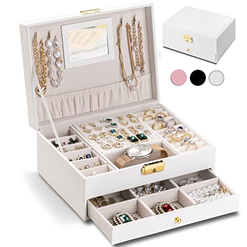 NUCAZA Jewelry Box For Women Girls With Mirror, 2-Layers Large Jewelry Organizer Box for Earrings, Necklaces, Bracelets & Rings - Travel Jewelry Case, Jewelry Holder Storage, Gifts For Women White
