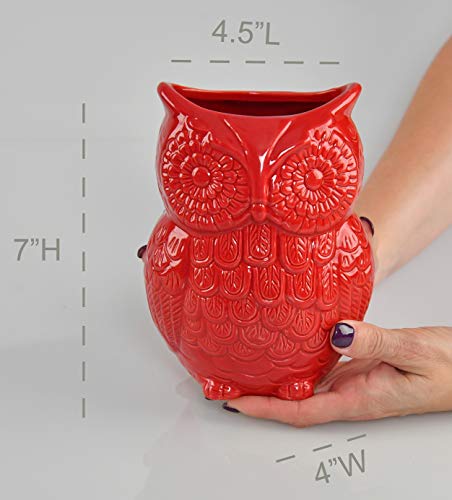 Home-X Ceramic Owl Utensil Holder - Kitchen Organizer, Large Utensil Caddy for Counter, Cooking & Spatula Storage Crock, Farmhouse Decor, Home & Kitchen Accessory, Red