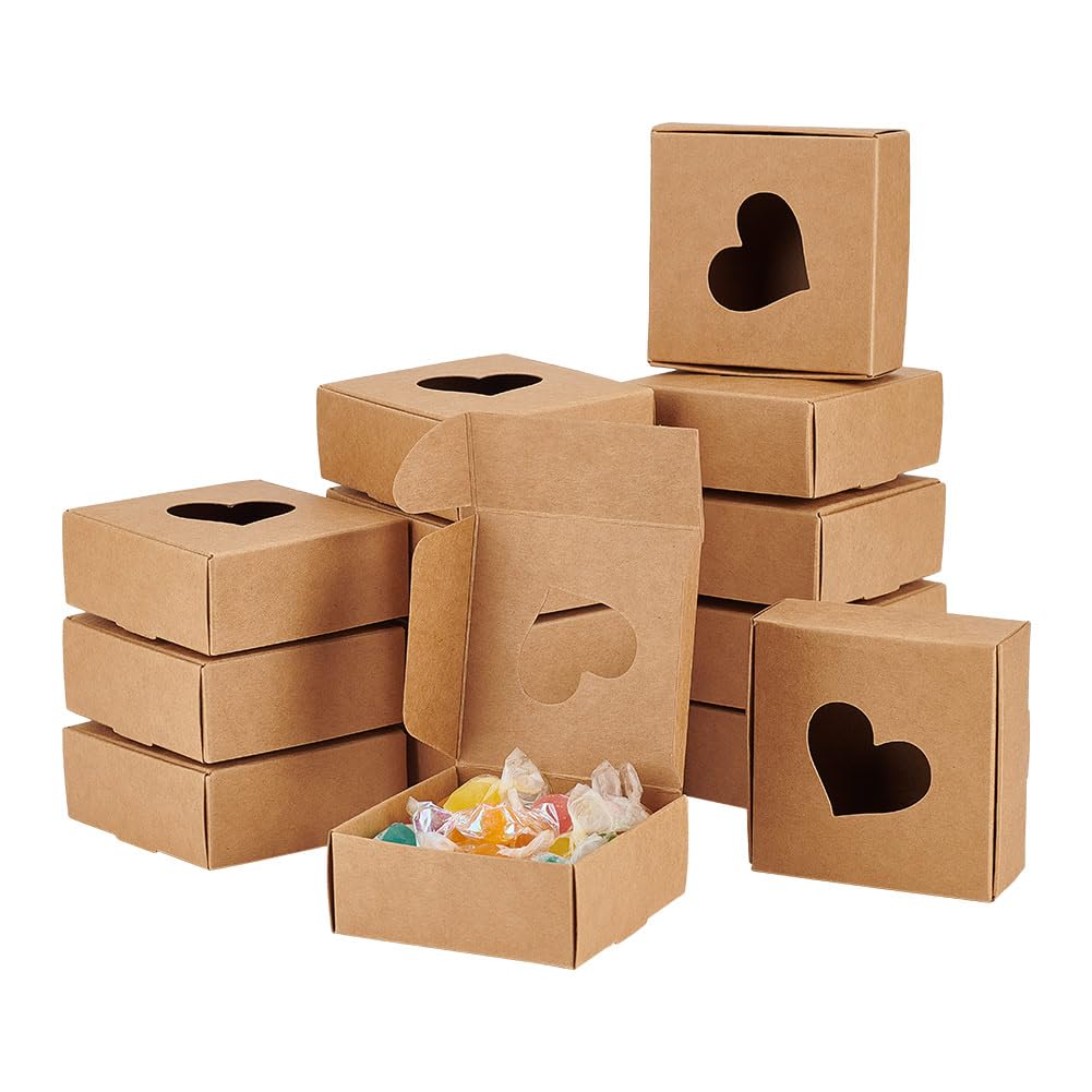 BENECREAT 30 Packs Kraft Paper Boxes with Heart Shape Hole (No Film) 3x3x1.2 Cardboard Gift Boxes for Wedding Party Favor Treats and Jewelry Packaging