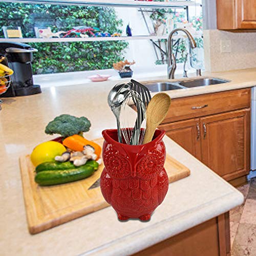 Home-X Ceramic Owl Utensil Holder - Kitchen Organizer, Large Utensil Caddy for Counter, Cooking & Spatula Storage Crock, Farmhouse Decor, Home & Kitchen Accessory, Red
